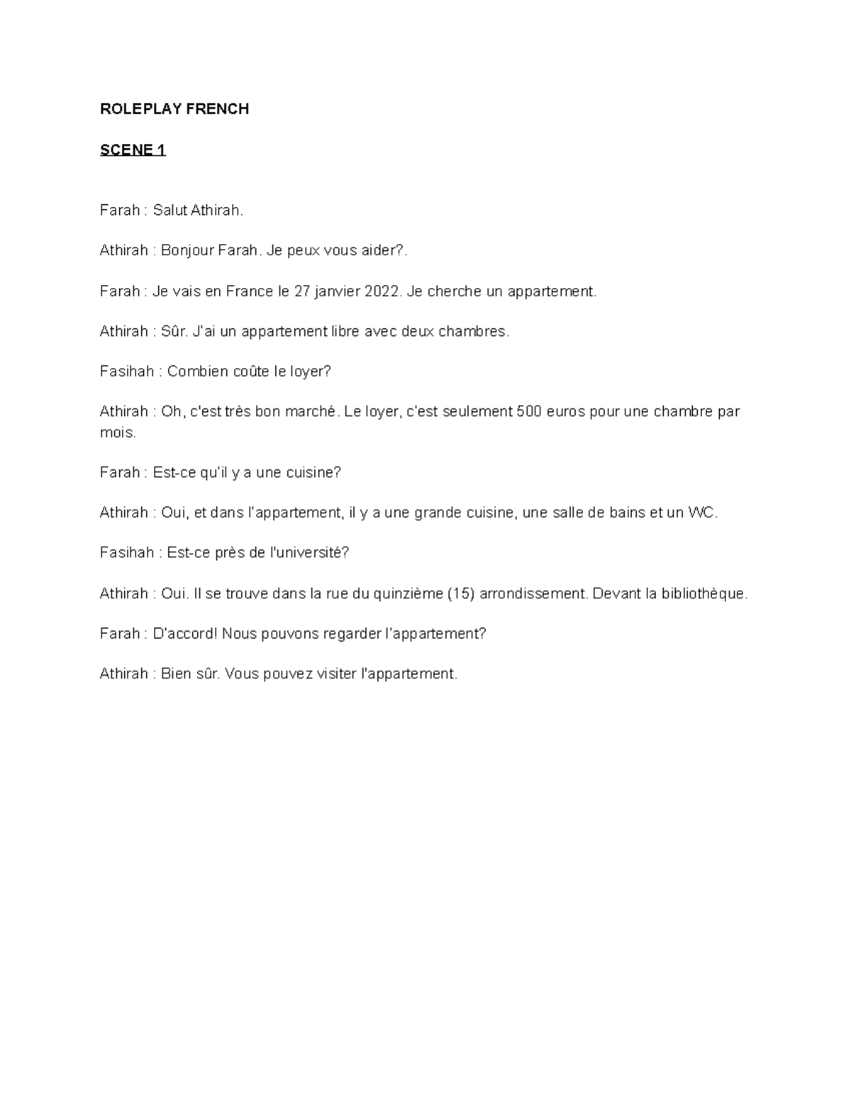 Roleplay French Sem 3 - ROLEPLAY FRENCH SCENE 1 Farah : Salut Athirah ...