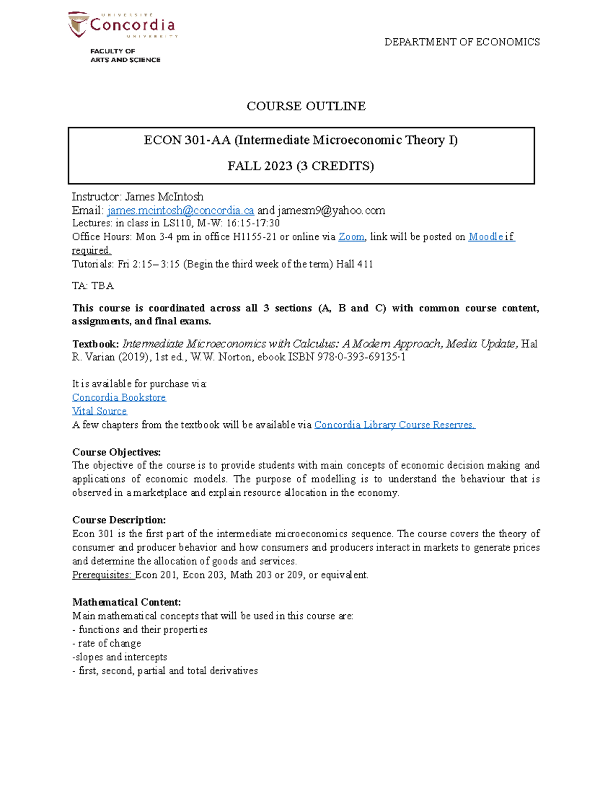 Econ 301 Course Outline 2023 - DEPARTMENT OF ECONOMICS COURSE OUTLINE ...