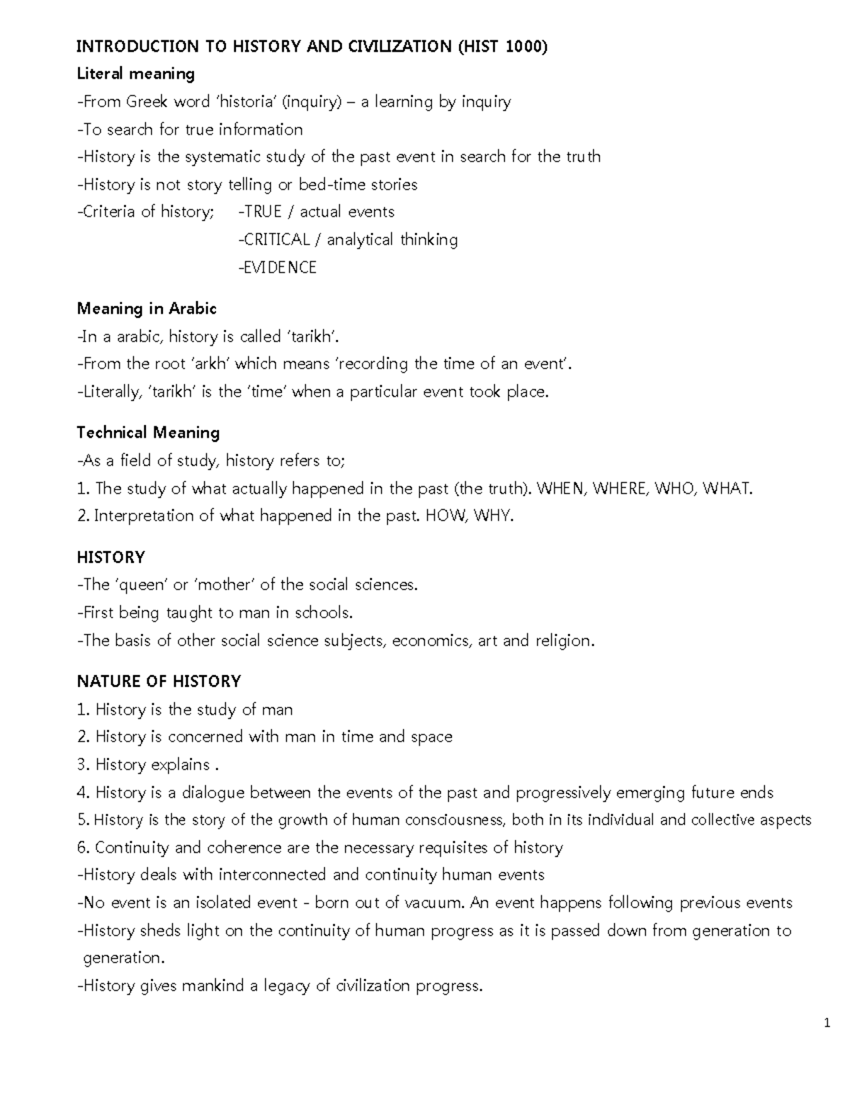 HIST - Notes - INTRODUCTION TO HISTORY AND CIVILIZATION (HIST 1000 ...