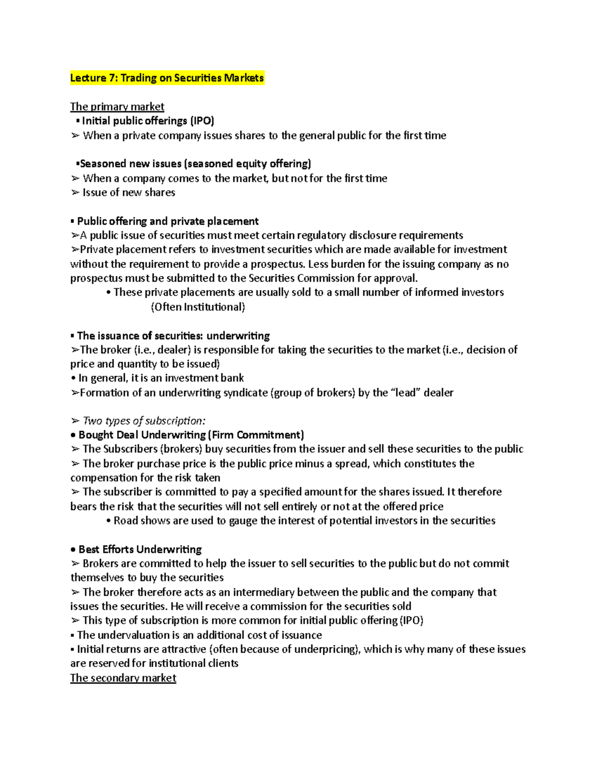 Examen Final Investment - Notes - Lecture 7: Trading on Securities ...