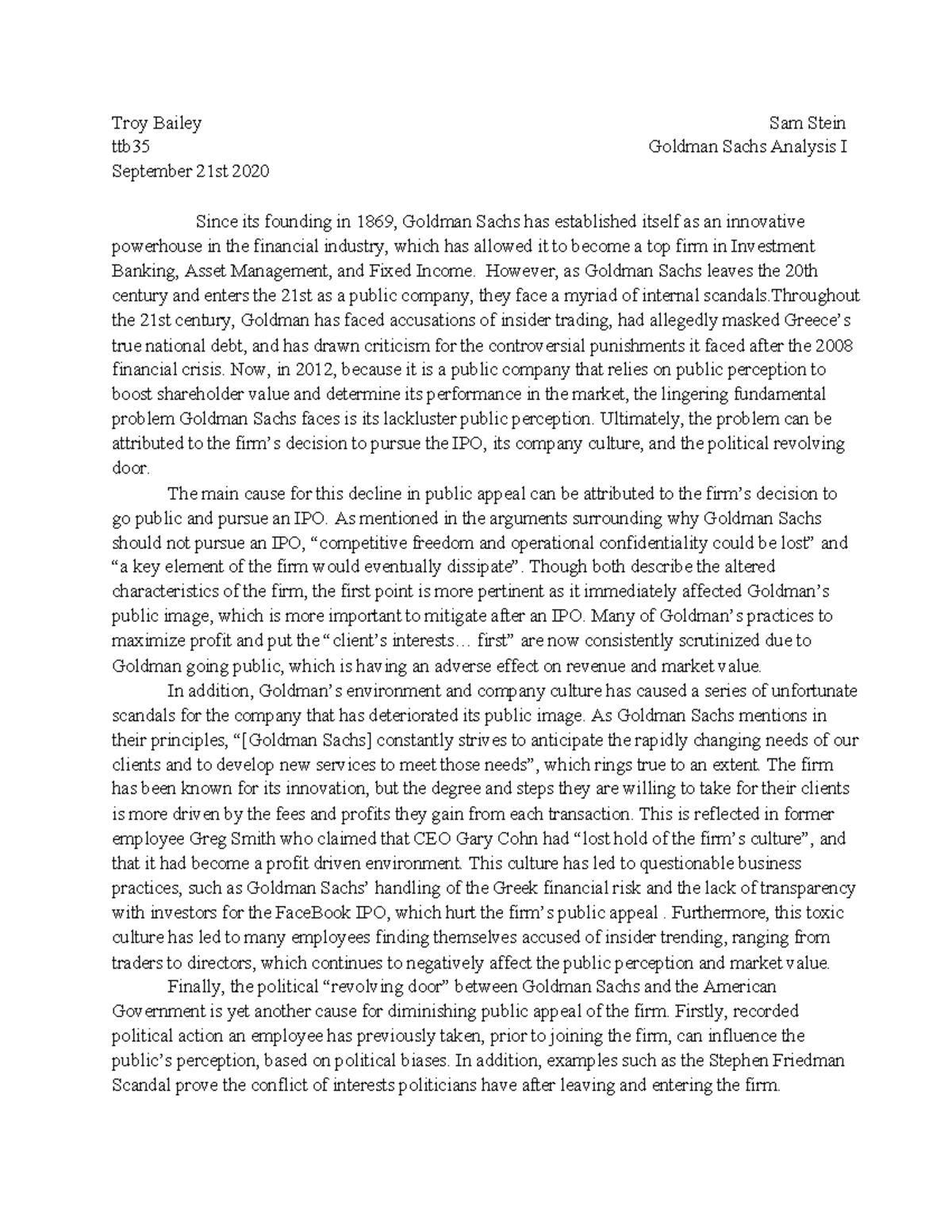 Goldman Sachs Analysis I - Troy Bailey Sam Stein ttb35 Goldman Sachs ...