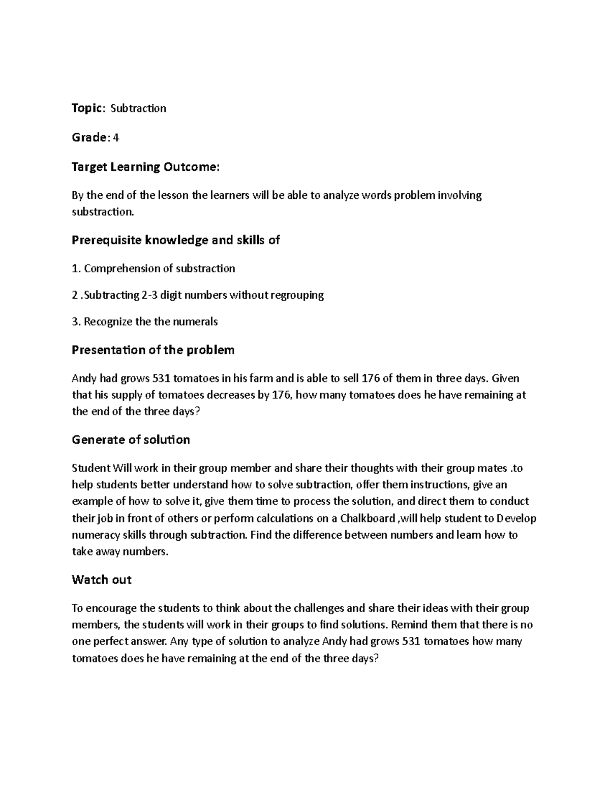 Mathematics - To enhance your knowledge - Topic: Subtraction Grade: 4 ...