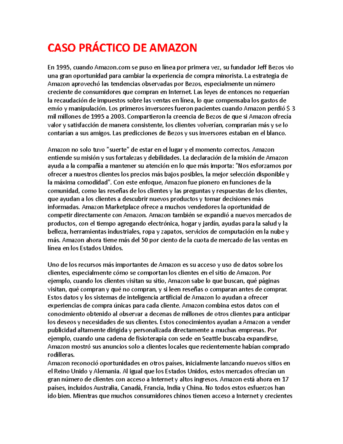 Amazon CASE Study - evidencias - CASO PRÁCTICO DE AMAZON En 1995 ...