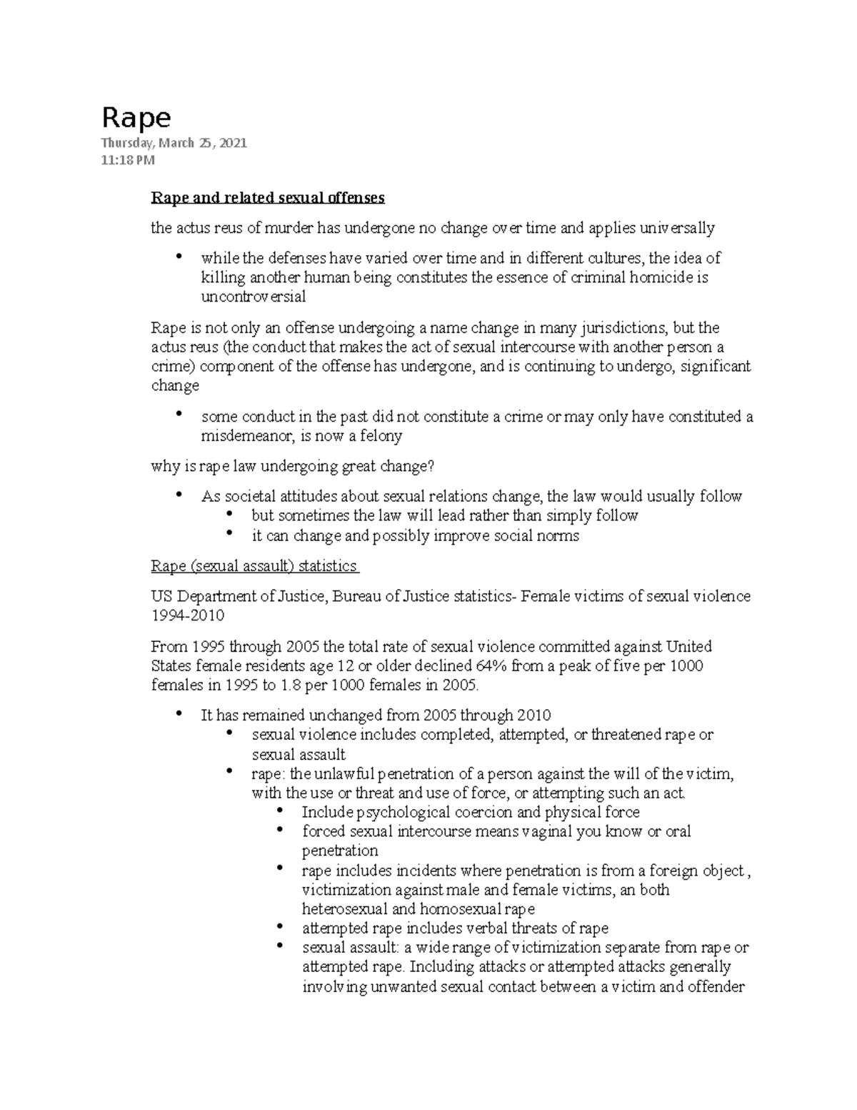 Rape - 1L criminal law lecture notes on rape - Rape Thursday, March 25 ...