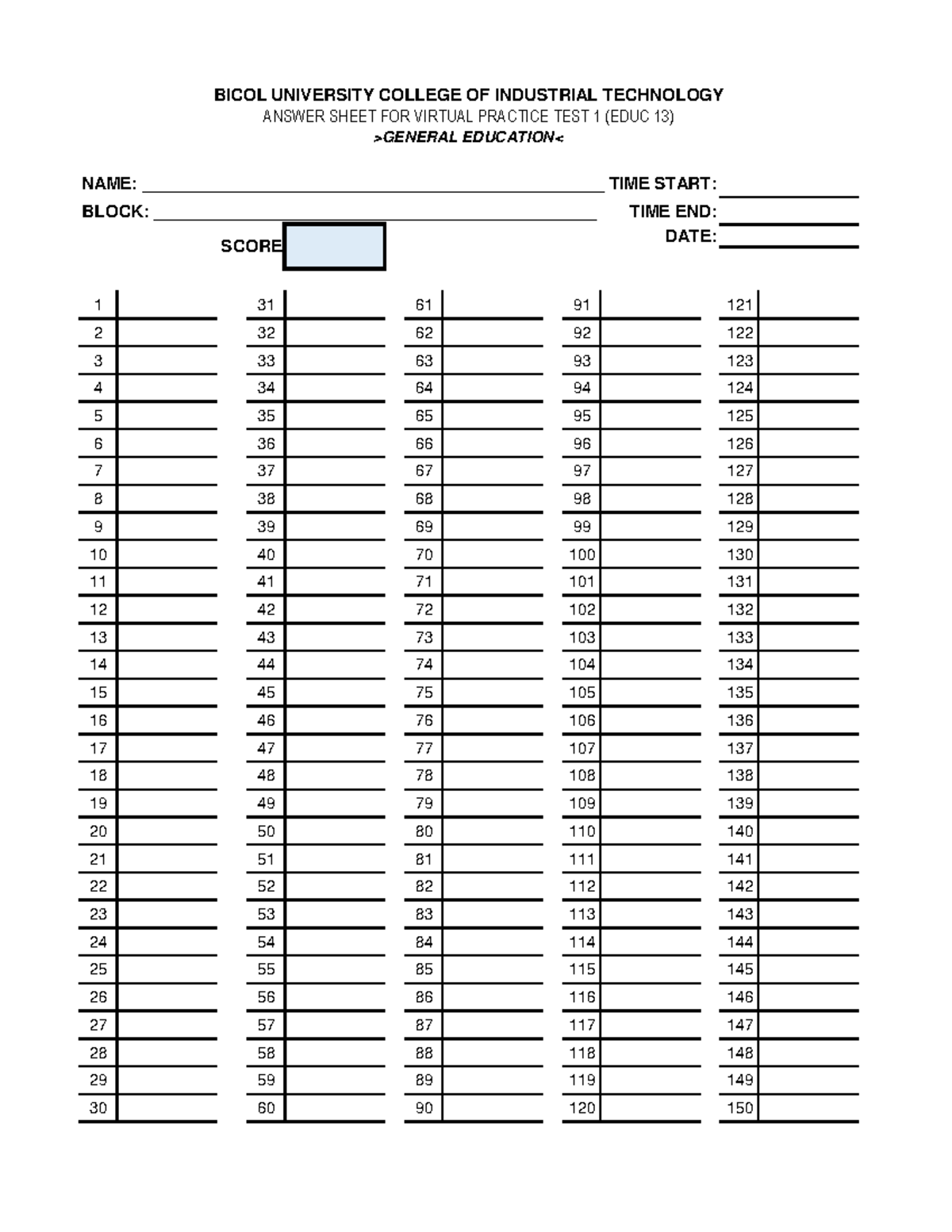 Answer Sheet for Virtual Tests - Bachelor of Technical Vocational ...