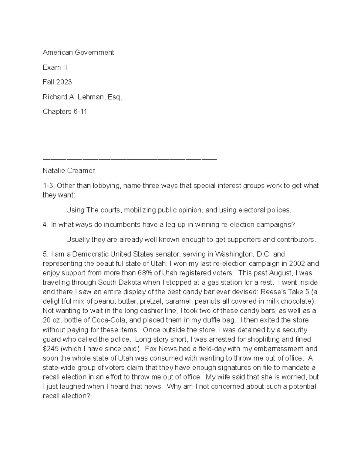 Exam II - completed exam - American Government Exam II Fall 2023 ...