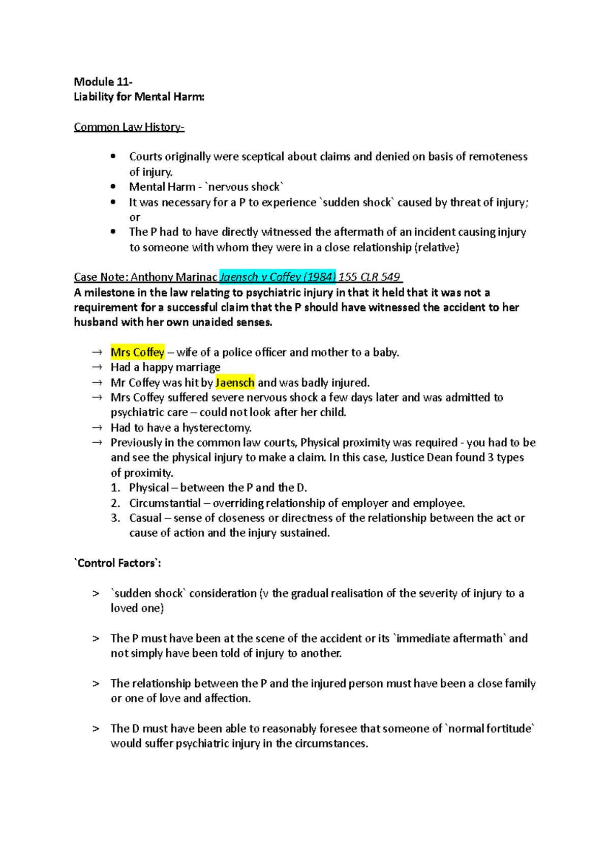 Module 11 - Mental Harm - Lecture notes 11 - Module 11- Liability for ...
