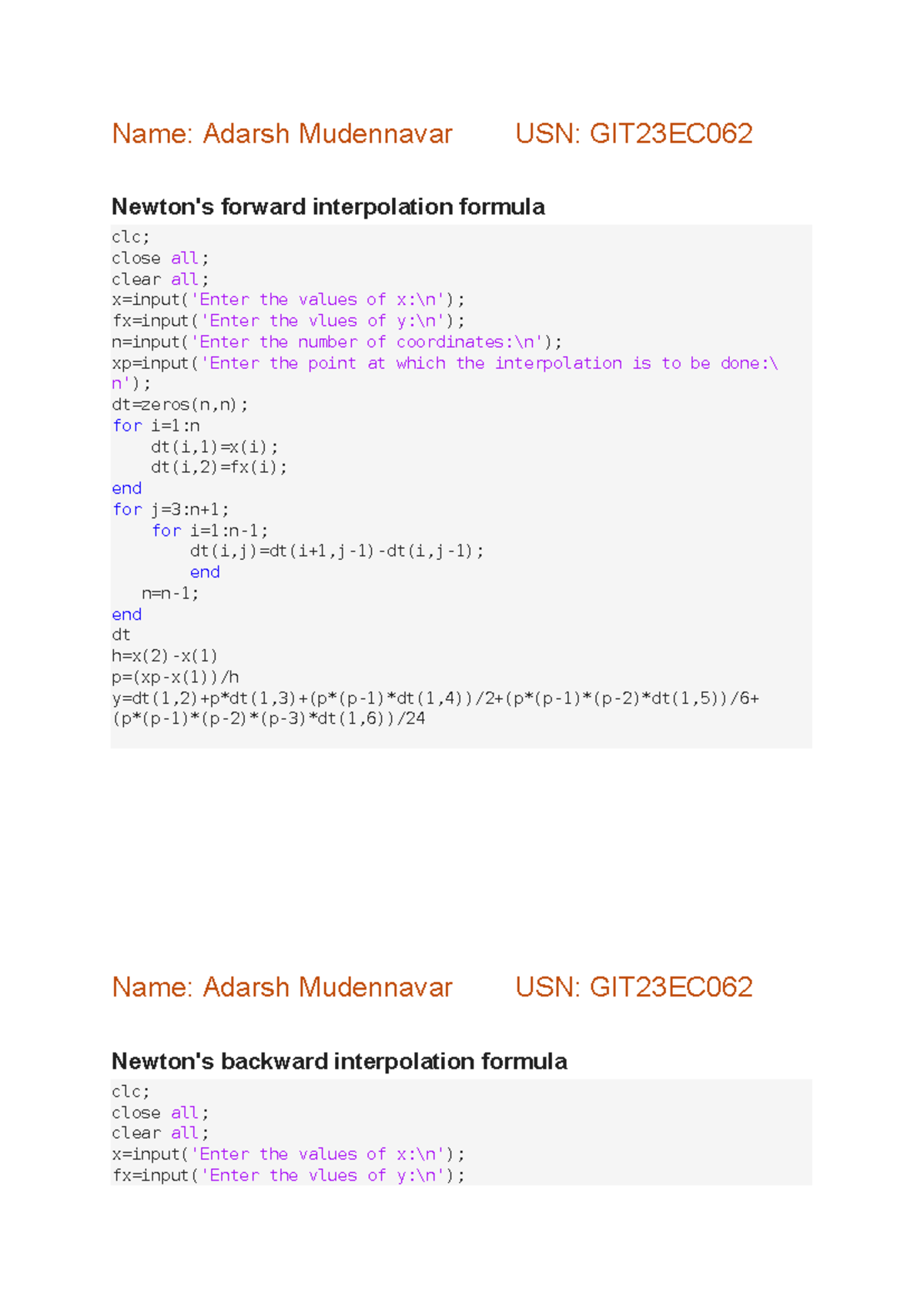 Adarsh 7 - Name: Adarsh Mudennavar USN: GIT23EC 062 Newton's forward ...