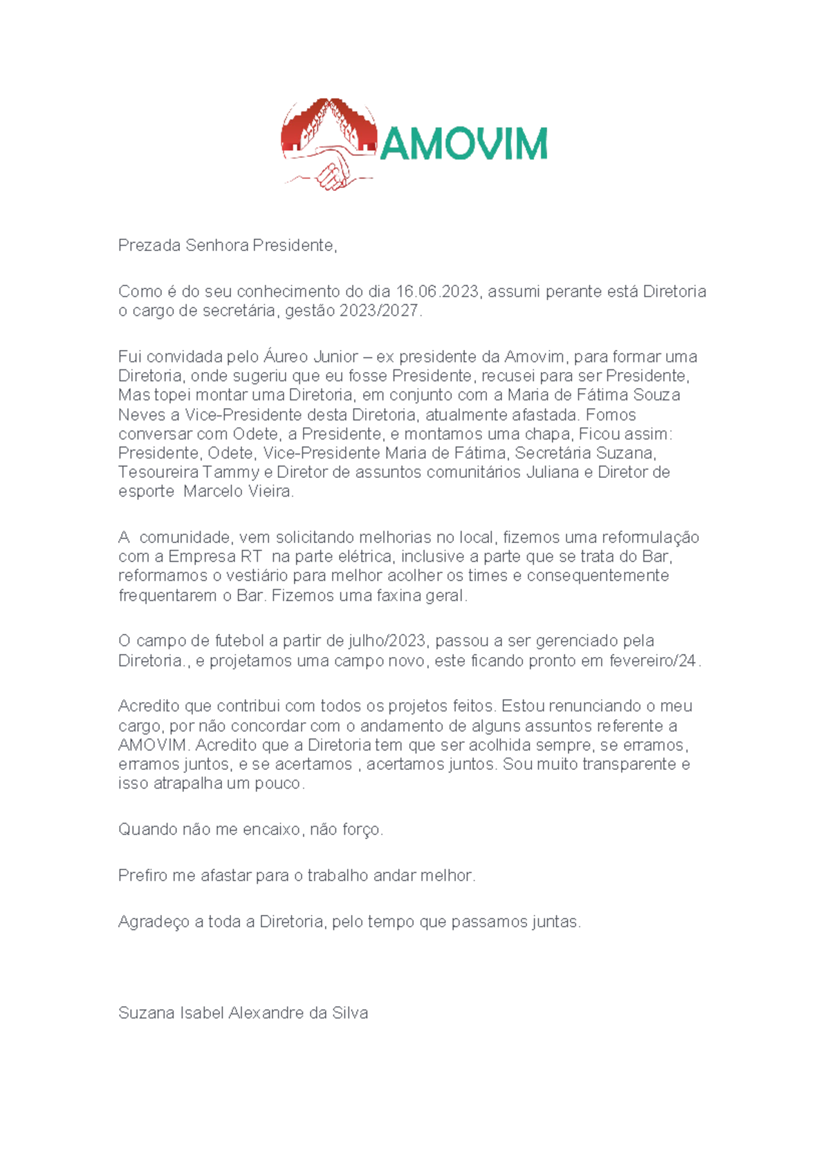 Carta de Renuncia - Suzana - Prezada Senhora Presidente, Como é do seu ...