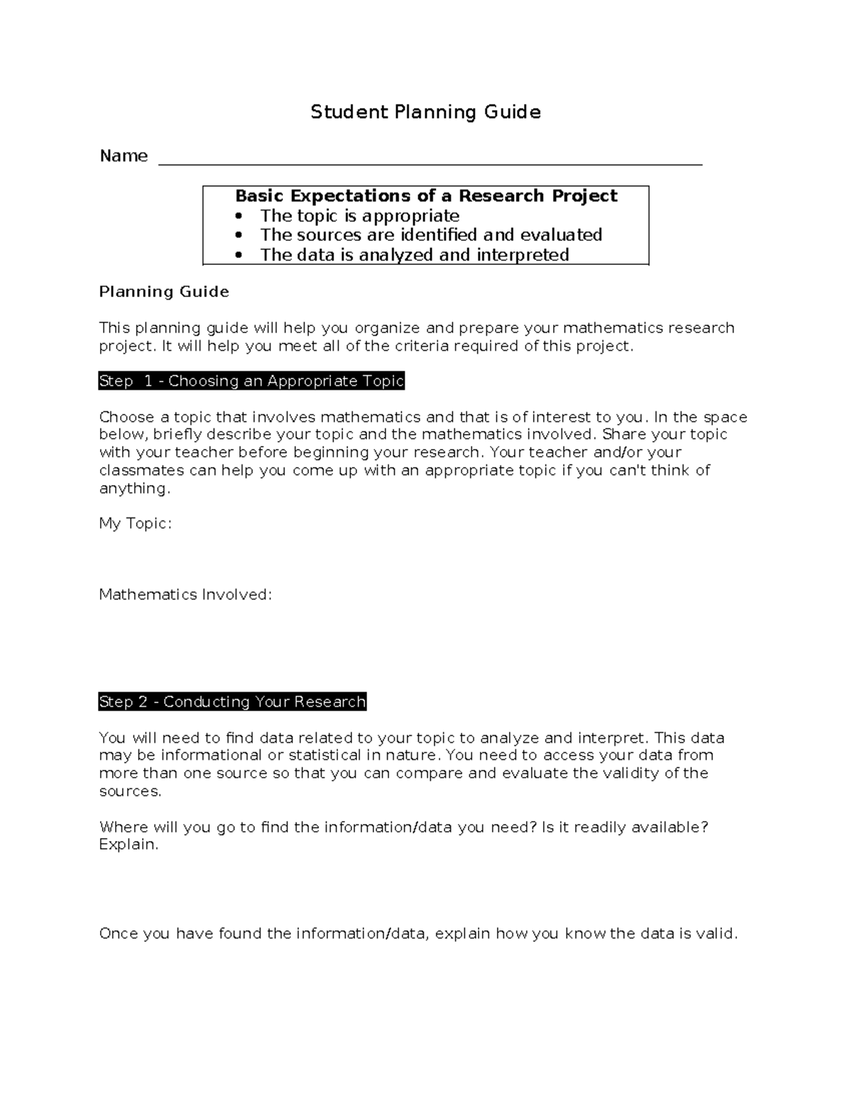 Research project planning fillable template - Student Planning Guide ...
