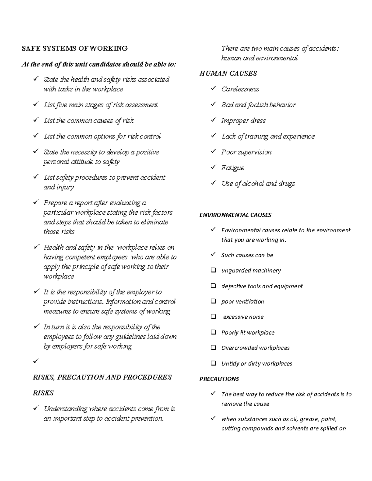 Notes on safe systems of work - SAFE SYSTEMS OF WORKING At the end of ...