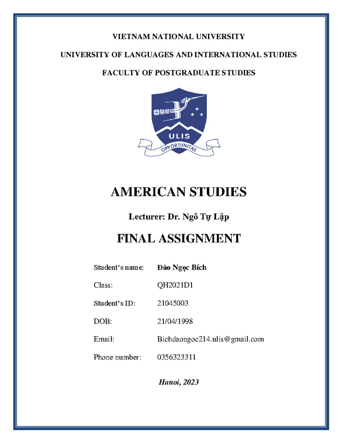 AS -21045003 Đào Ngọc Bích - VIETNAM NATIONAL UNIVERSITY UNIVERSITY OF LANGUAGES AND ...