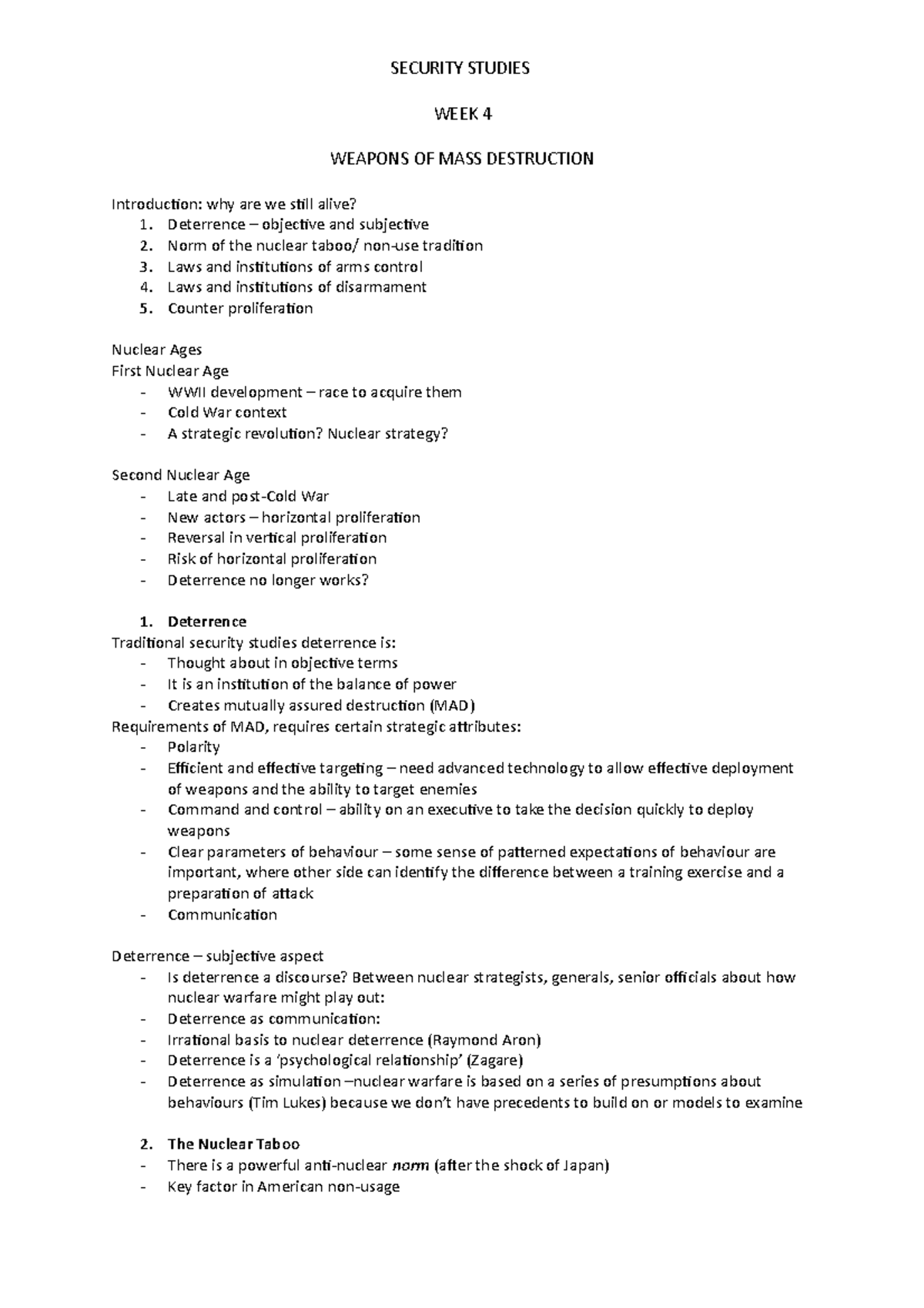 SS4 - Lecture notes 4 - WEEK 4 WEAPONS OF MASS DESTRUCTION Introduction ...