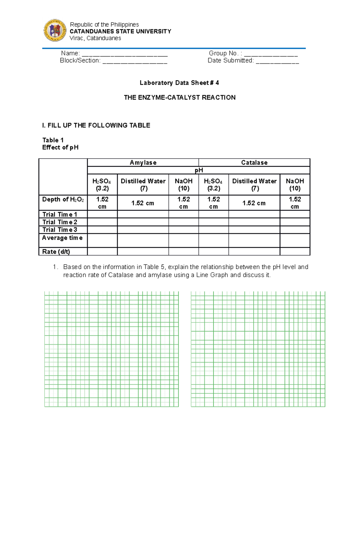 Laboratory Data Sheet 4 for 1K - CATANDUANES STATE UNIVERSITY Virac ...