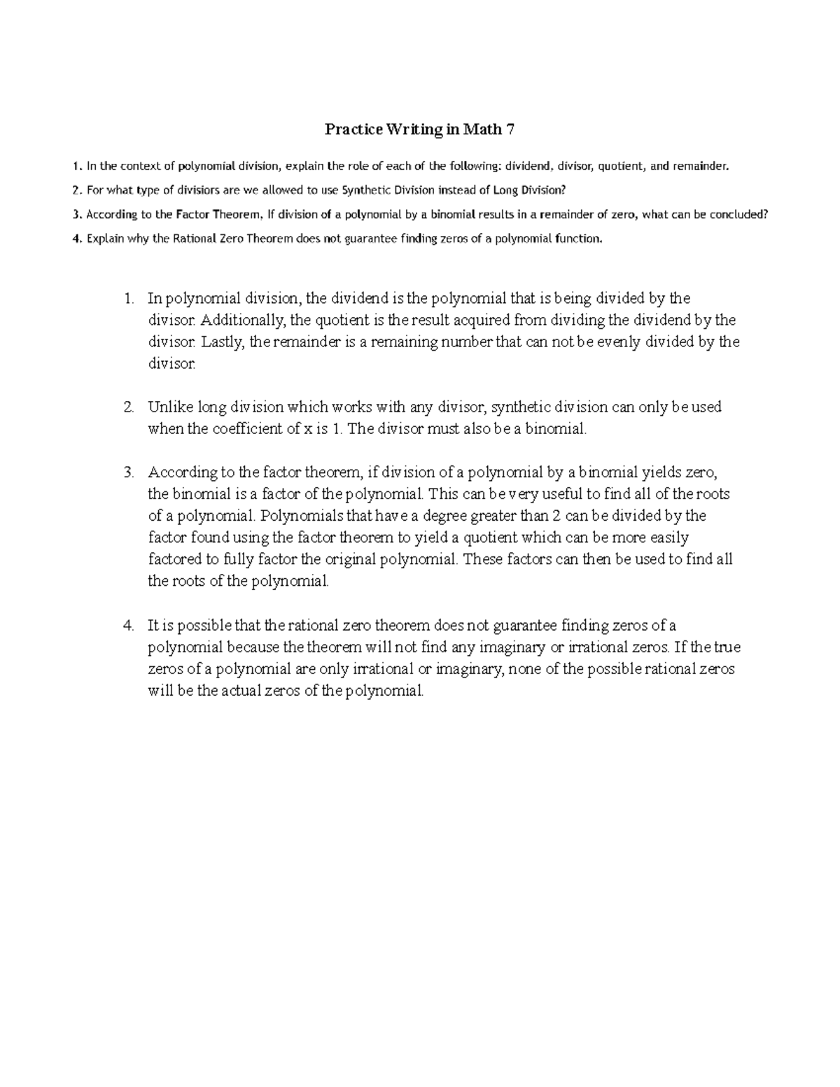 Writing in Math Module 7 - Practice Writing in Math 7 In polynomial ...