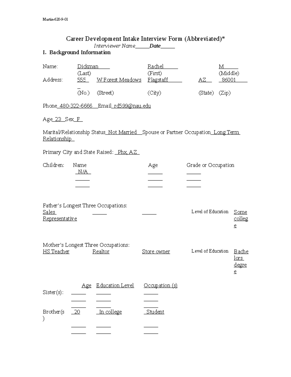 Career Intake Form - notes from lecture - Career Development Intake ...