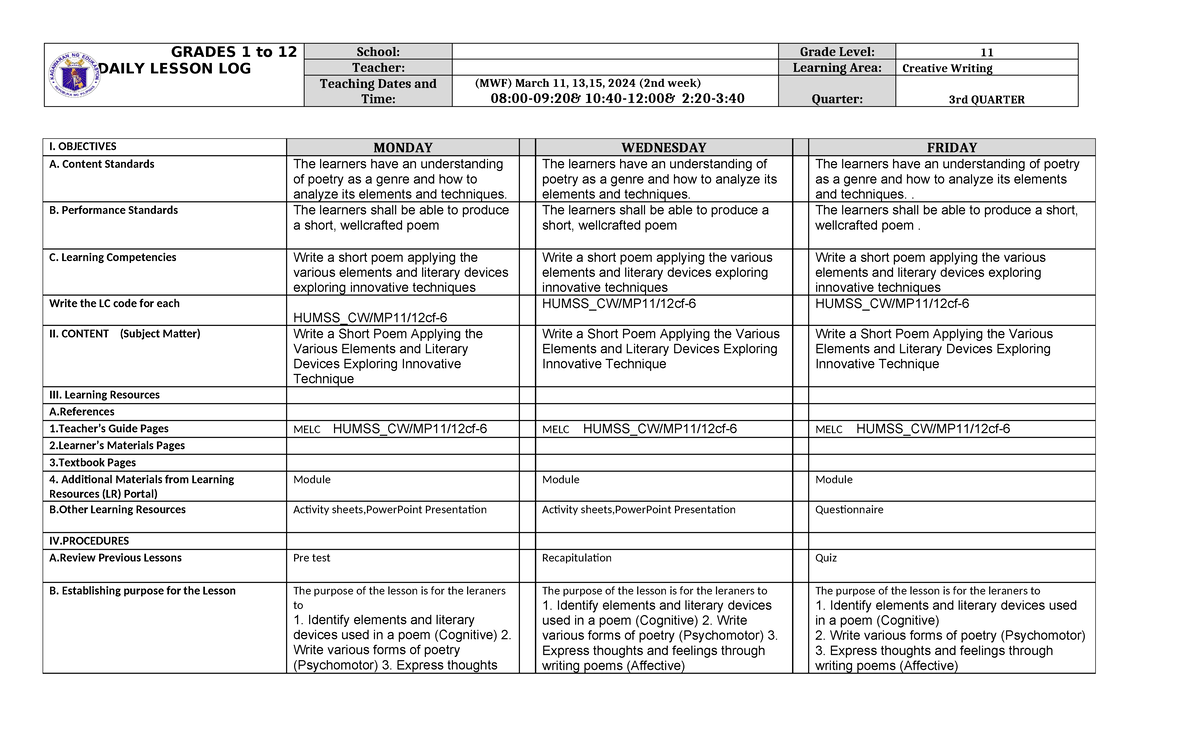March 11 - just trying to share - GRADES 1 to 12 DAILY LESSON LOG ...