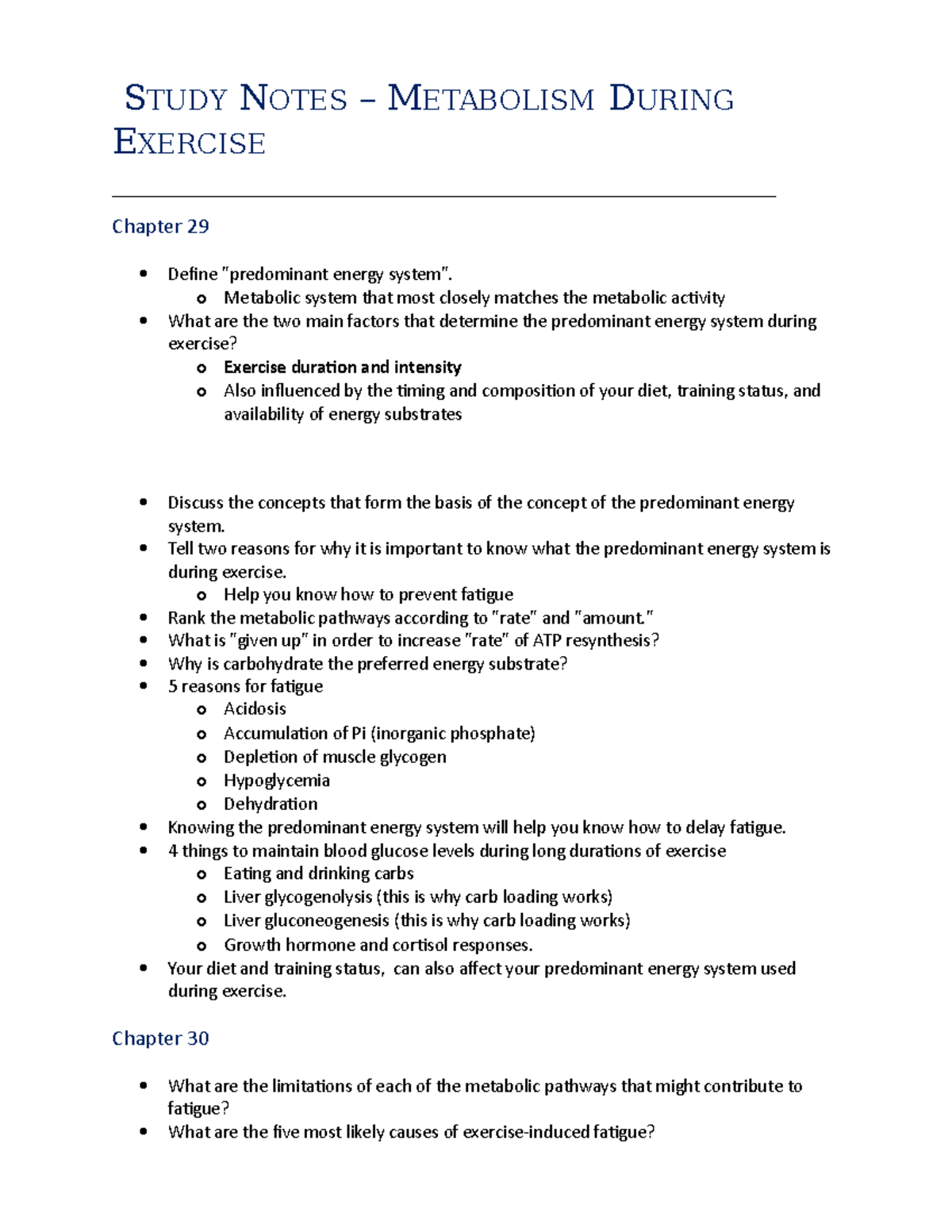 Study Notes Metabolism During Exercise - STUDY NOTES – METABOLISM ...