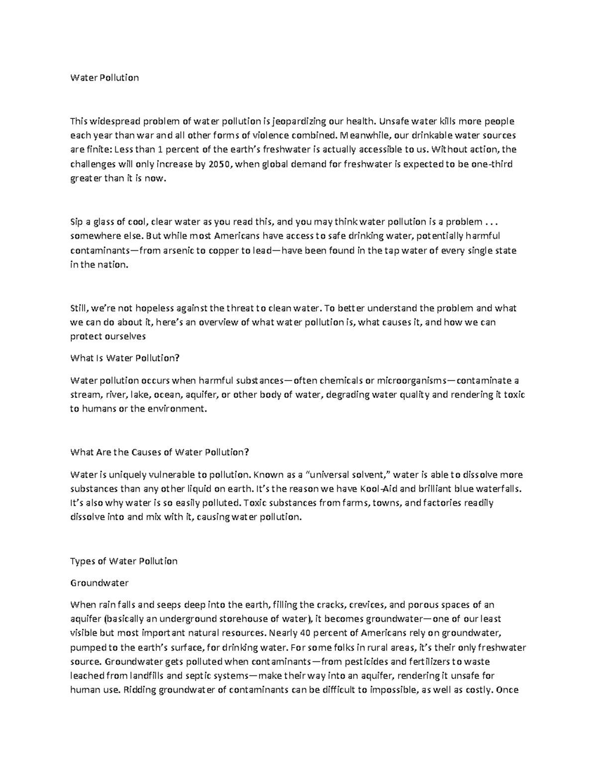 Document (68) - histry - Water Pollution This widespread problem of ...