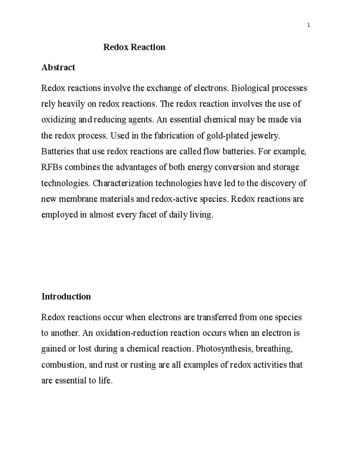 Redox reaction assignment - Redox Reaction Abstract Redox reactions ...
