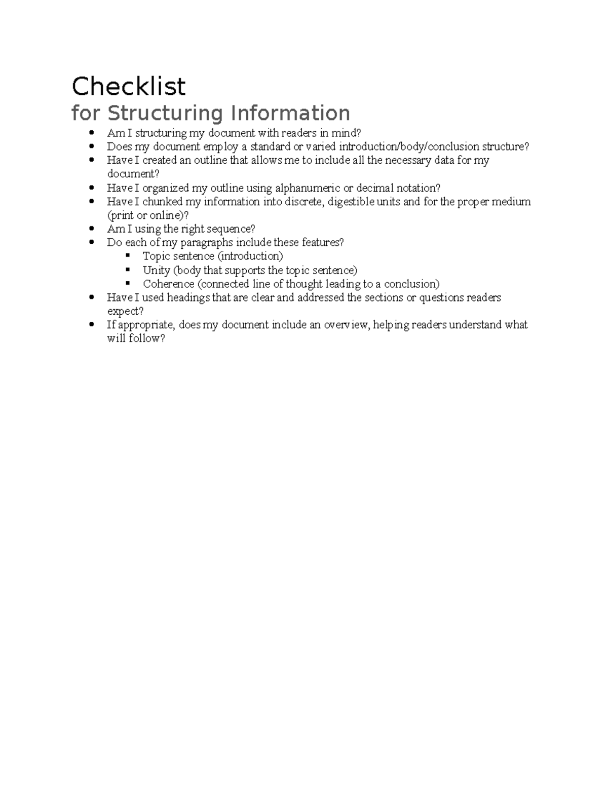 Checklist for Information - Checklist for Structuring Information Am I ...