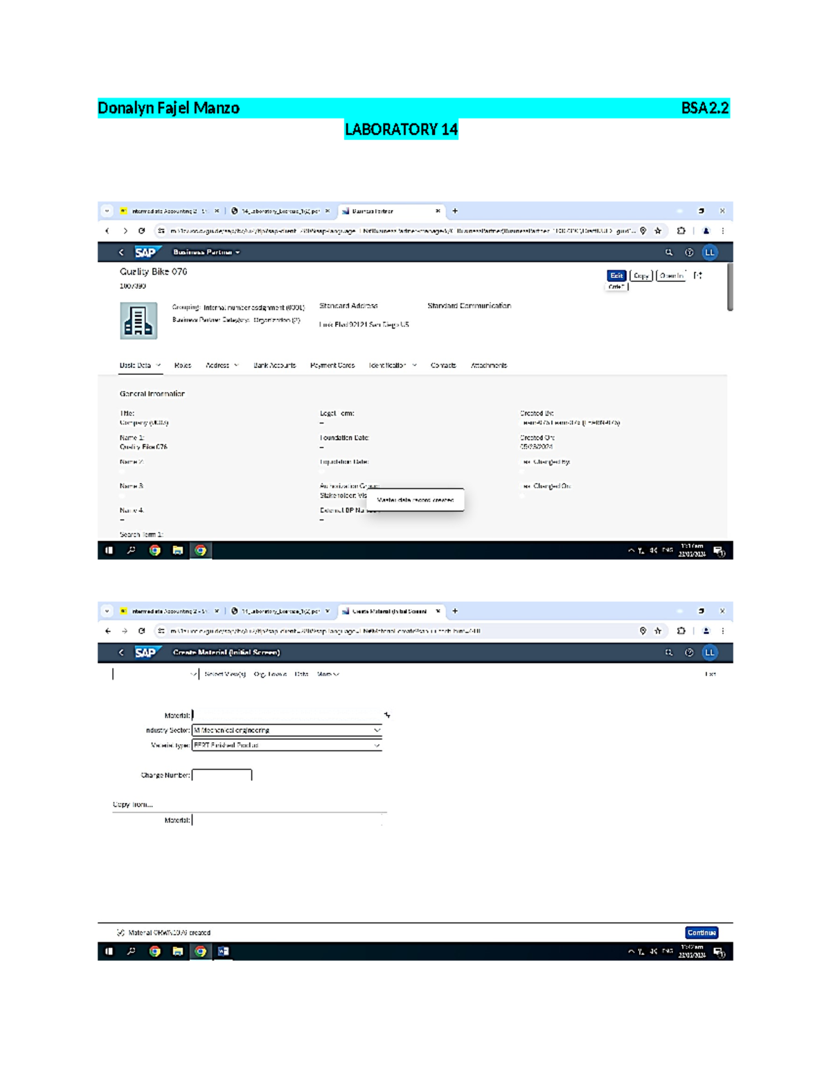 Manzo IA2 SAPS4HANA 14Lab Exe 1 - BSN - Donalyn Fajel Manzo BSA2. LABORATORY DATA FOR CUSTOMER ...