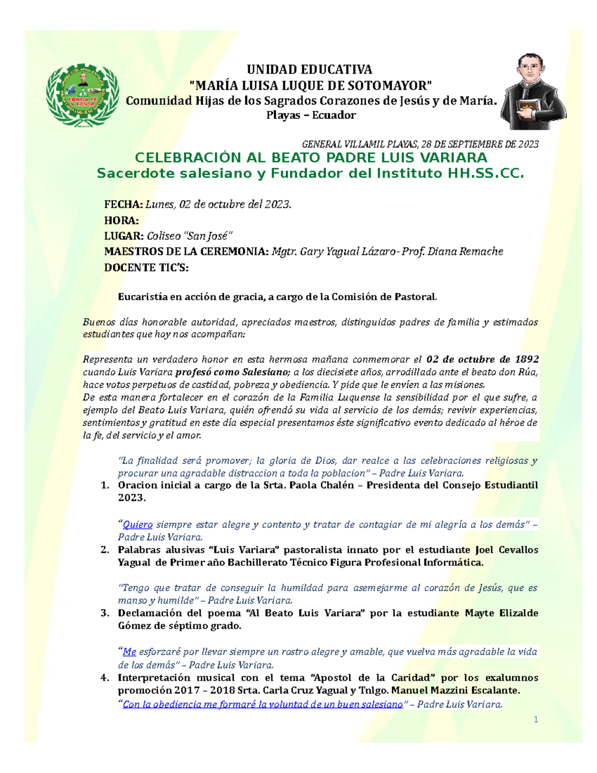 Programa DE Celebración P.L.V - UNIDAD EDUCATIVA "MARÍA LUISA LUQUE DE ...