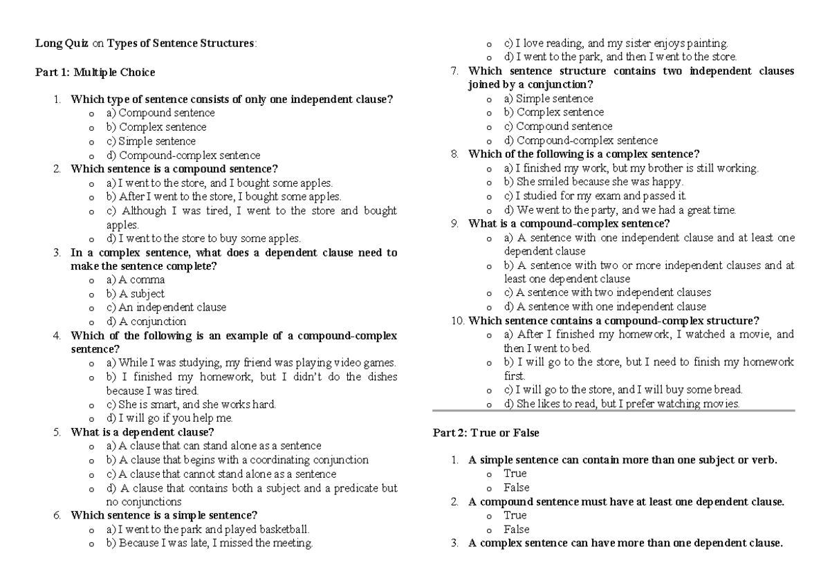 Types of Sentence Structure - Long Quiz on Types of Sentence Structures ...