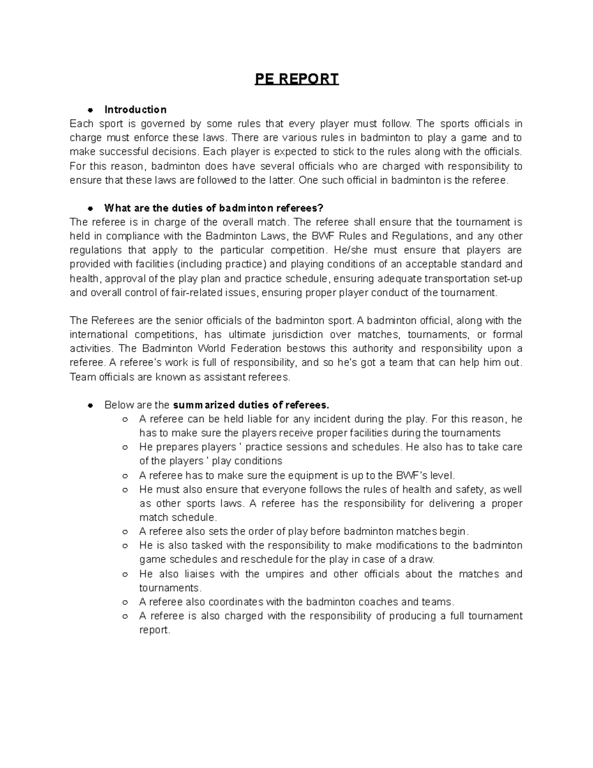 PE Report - for premium purposes - PE REPORT Introduction Each sport is ...