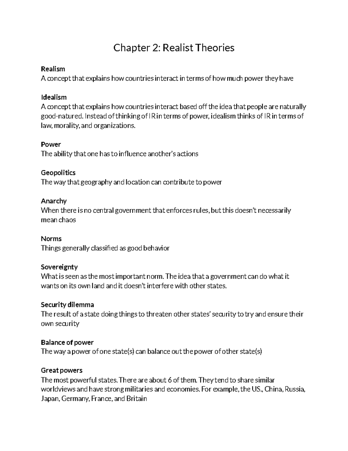 Ch. 2 Dictionary - Realist Theories - Chapter 2: Realist Theories ...
