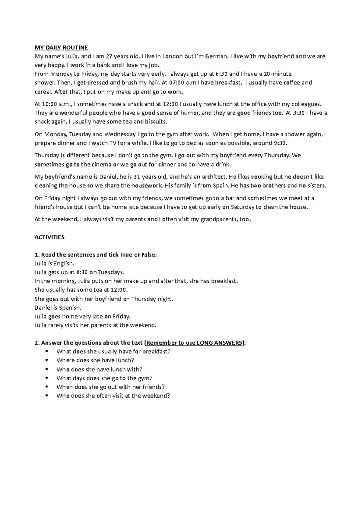 A1 reading Julia's daily routine - MY DAILY ROUTINE My name's Julia ...