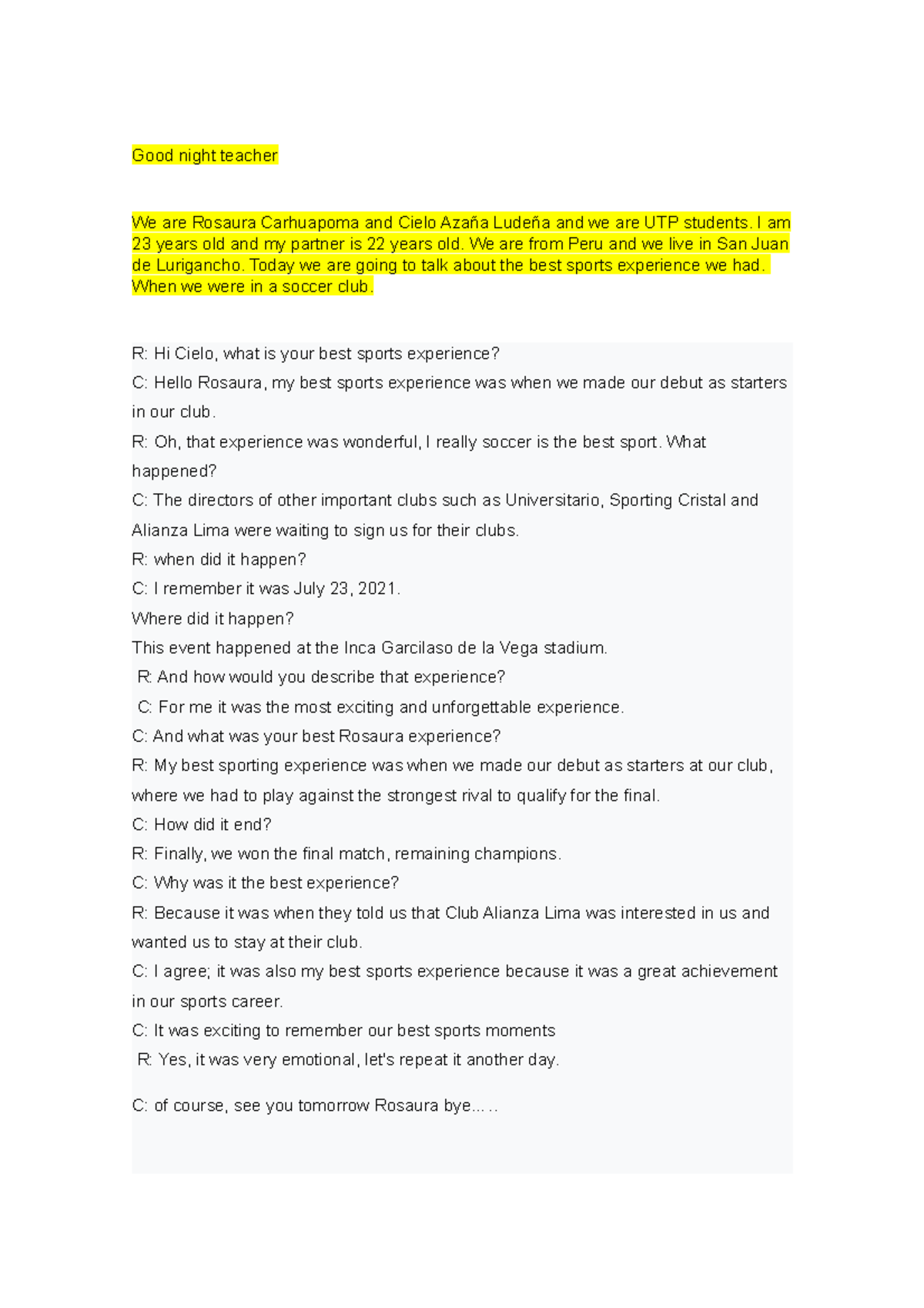 Ingles 3 Final - Good night teacher We are Rosaura Carhuapoma and Cielo ...