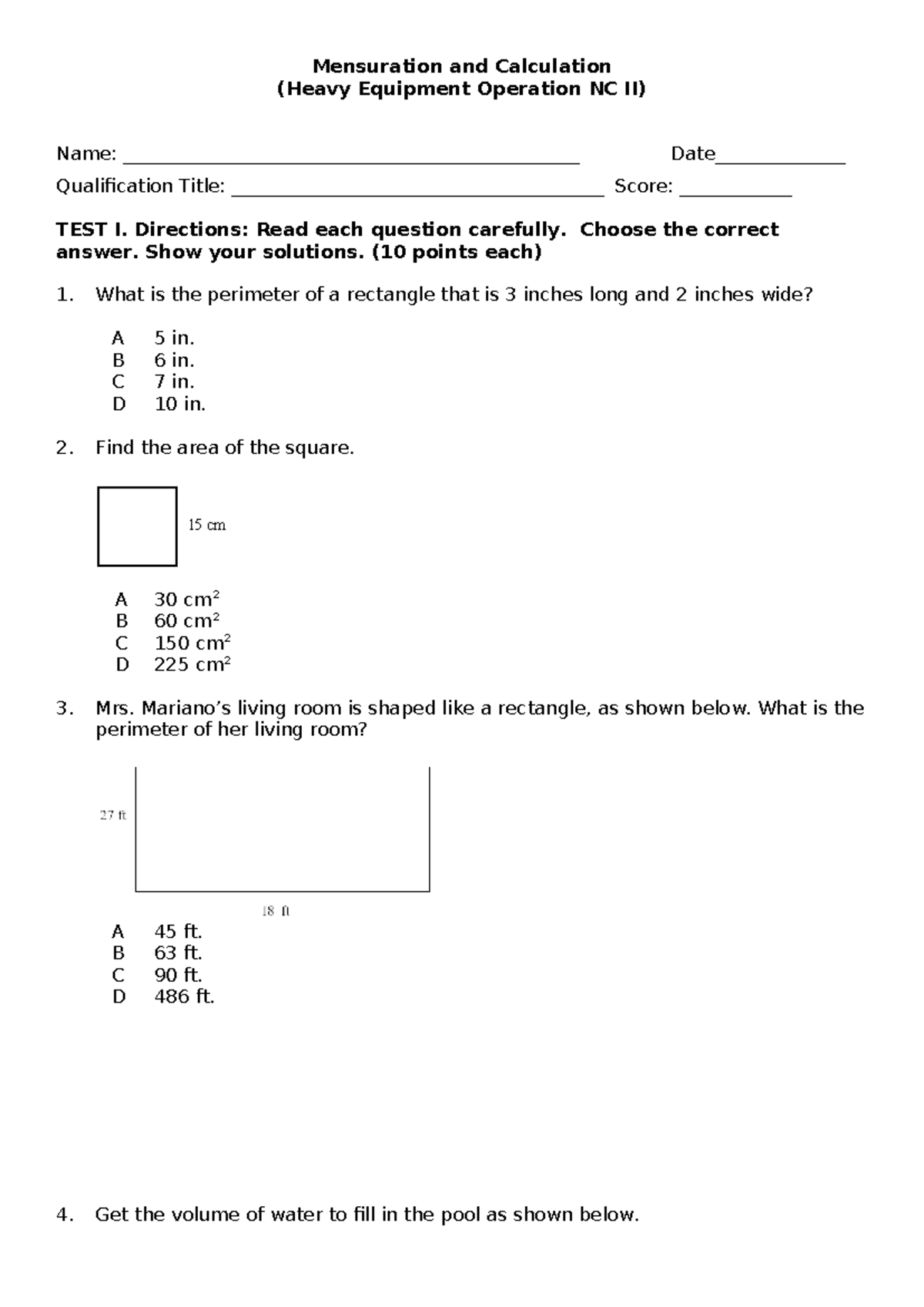 Mensuration and Calculation Test 2019 - Mensuration and Calculation ...