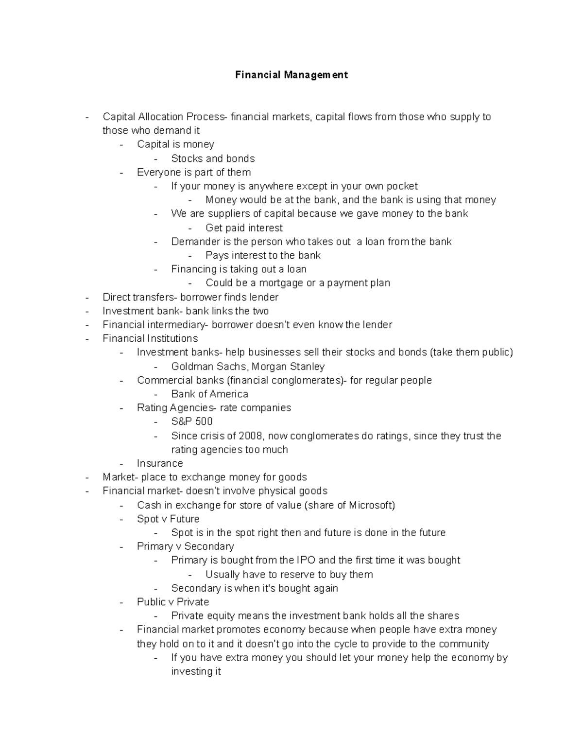 Financial Management - Notes from the lectures in class. - Financial ...