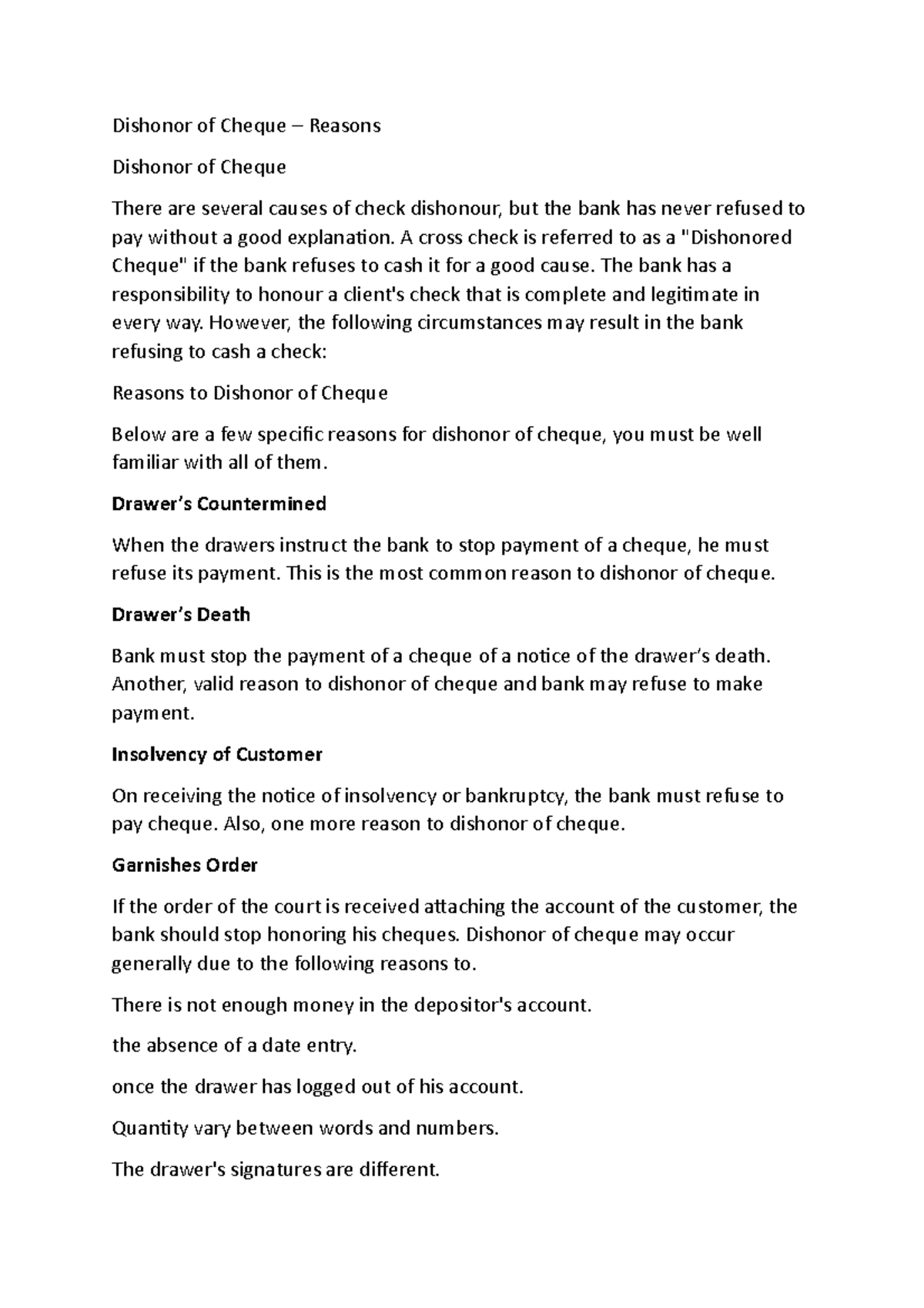 Dishonor of Cheque - Banking and Finance Notes for all - Dishonor of ...
