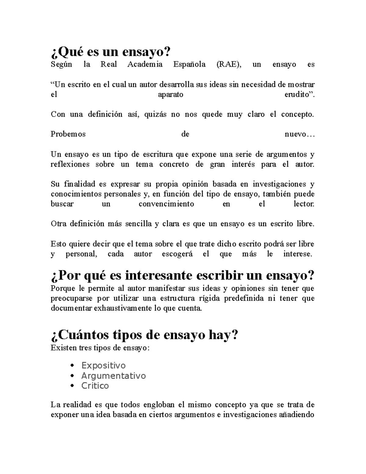 Qué es un ensayo - Apuntes 2 - ¿Qué es un ensayo? Según la Real ...