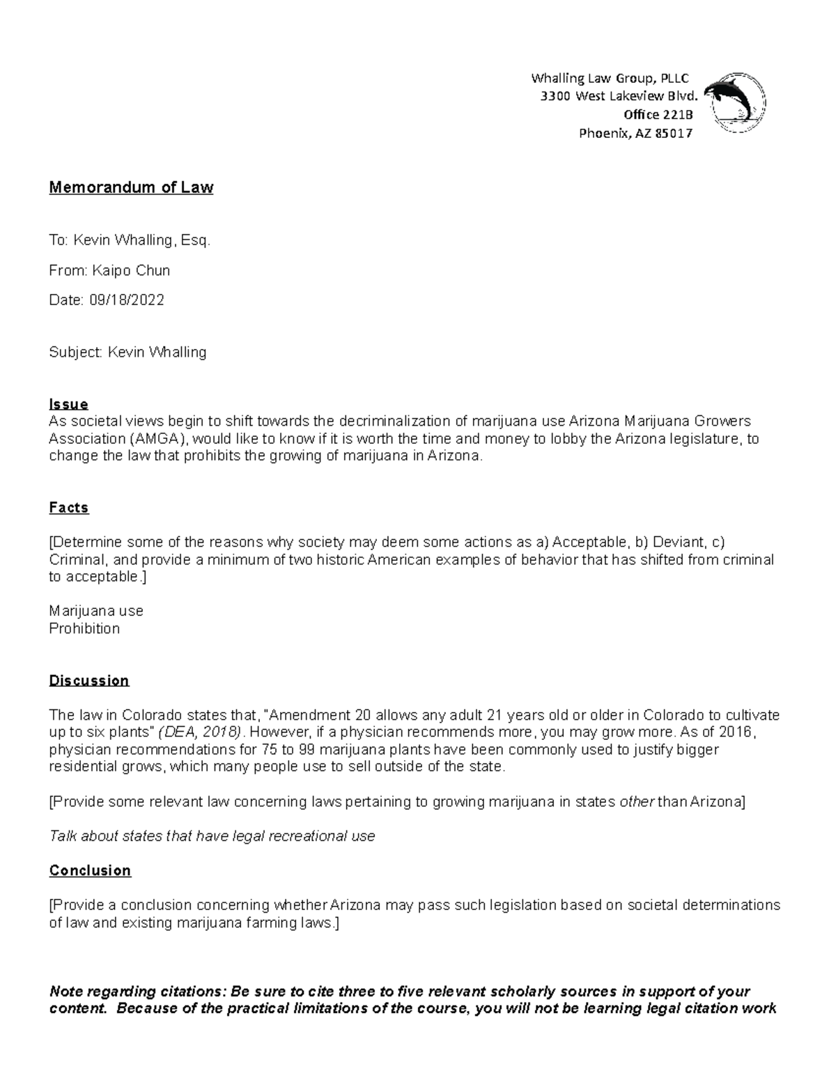 JUS430 T1 Memorandum of Law - Whalling Law Group, PLLC 3300 West Lakeview Blvd. Office 221B ...