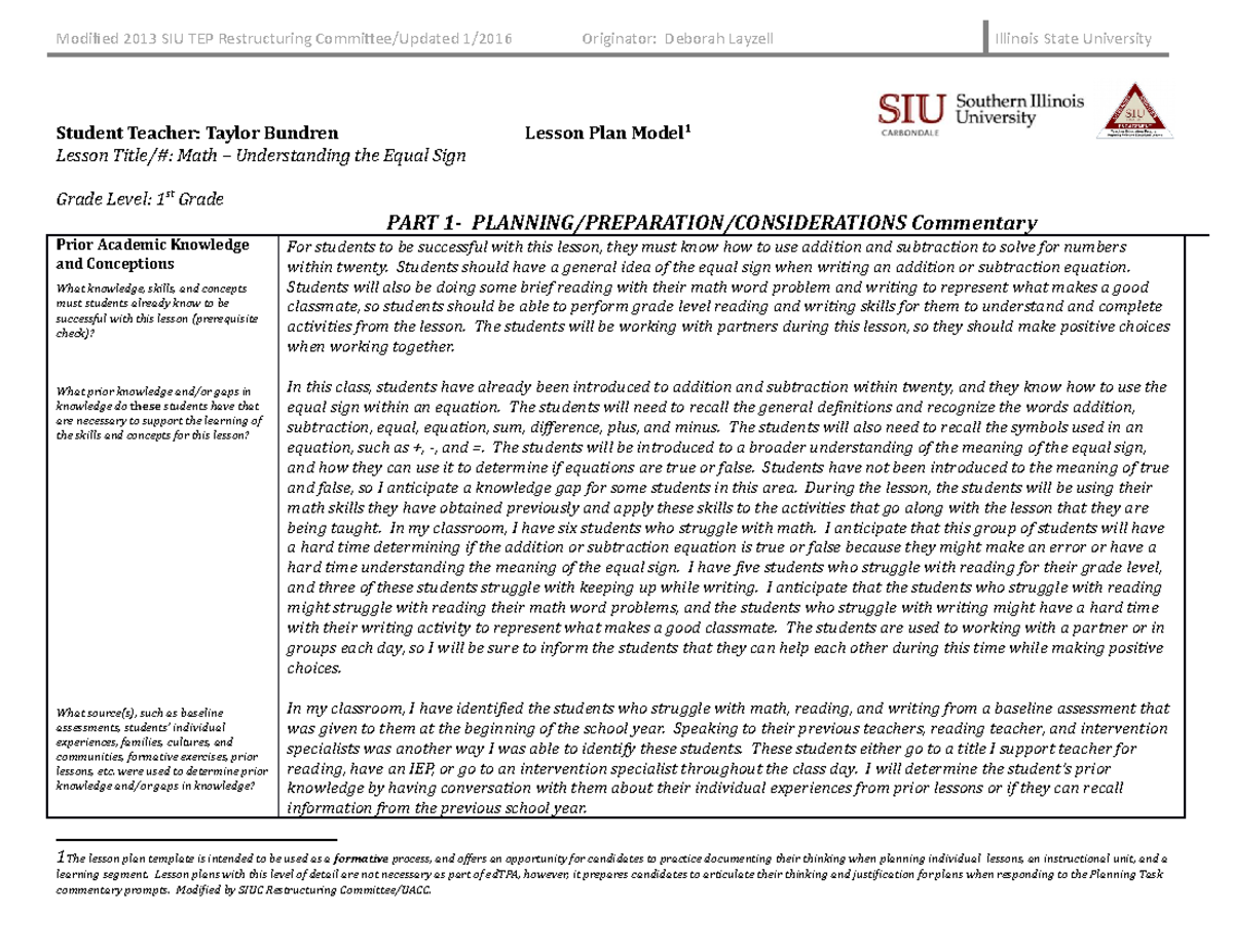 EDUC 313 Lesson Plan Student Teacher Taylor Bundren Lesson Plan
