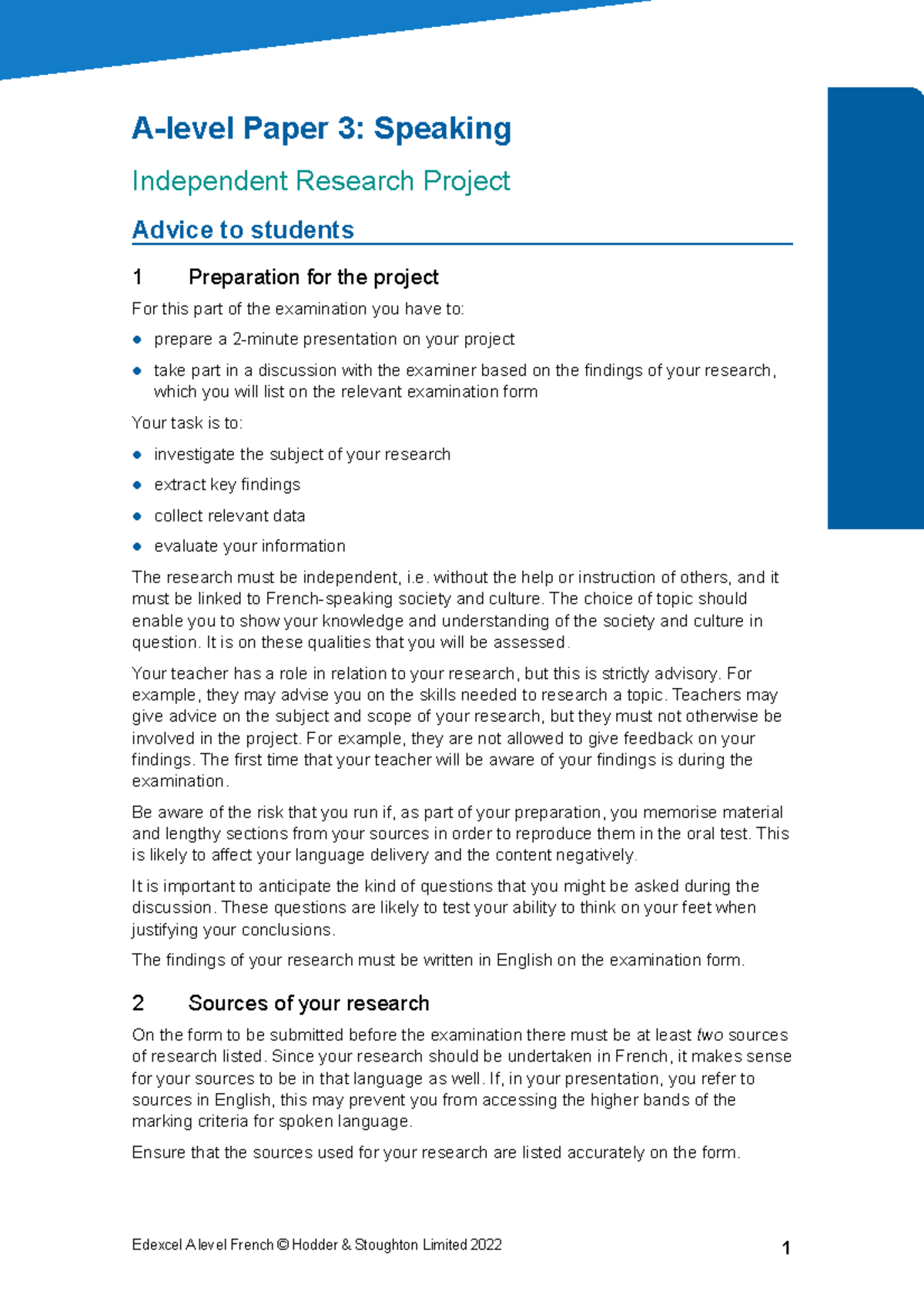 IRP advice for students - A-level Paper 3: Speaking Independent ...