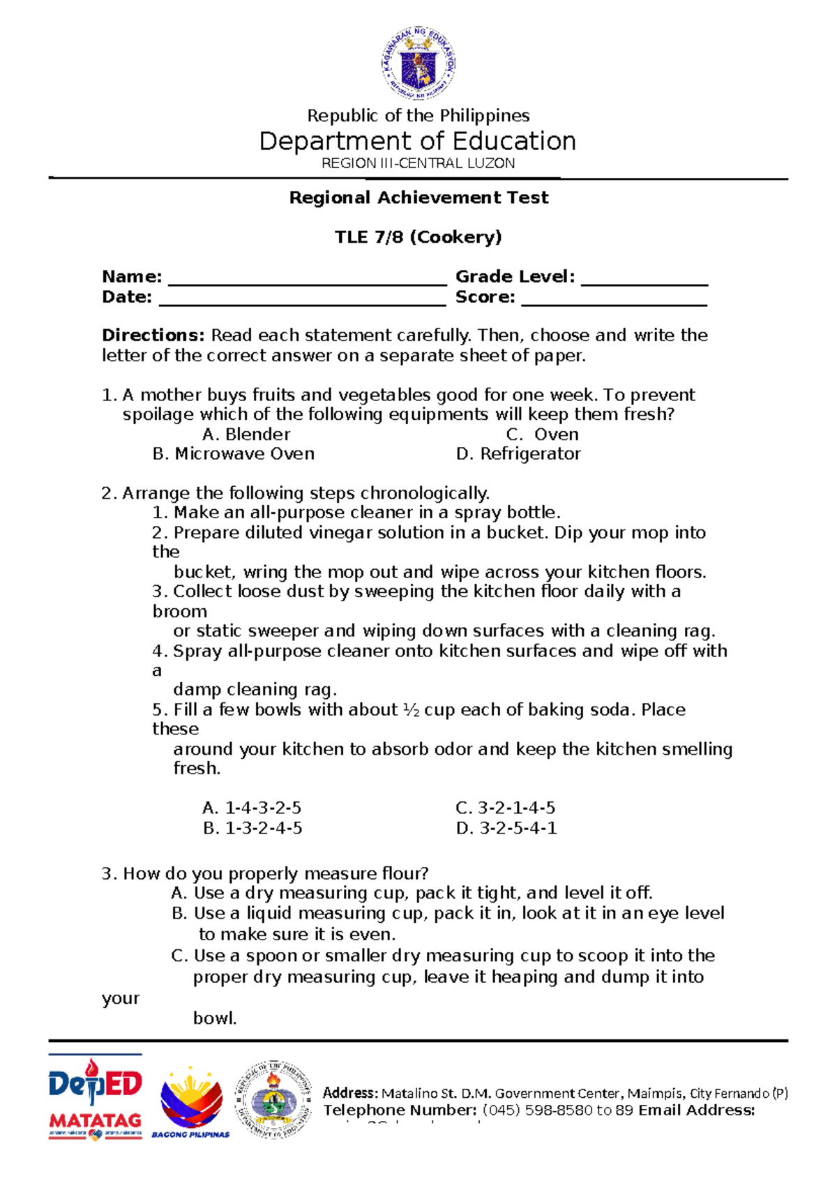 RAT AT TLE Cookery 7 8 - REGIONAL ASSESSMENT TEST - Address: Matalino ...