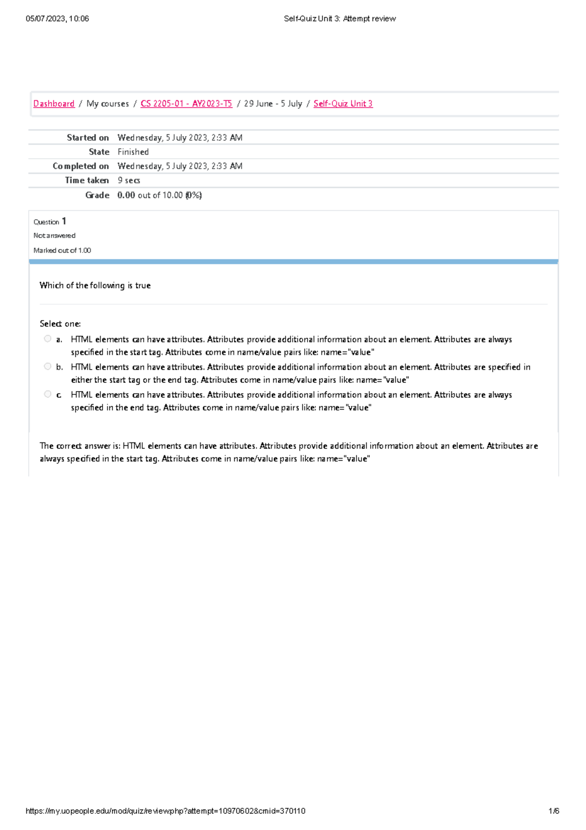Self-Quiz Unit 3 Attempt review 3 - Started on Wednesday, 5 July 2023 ...