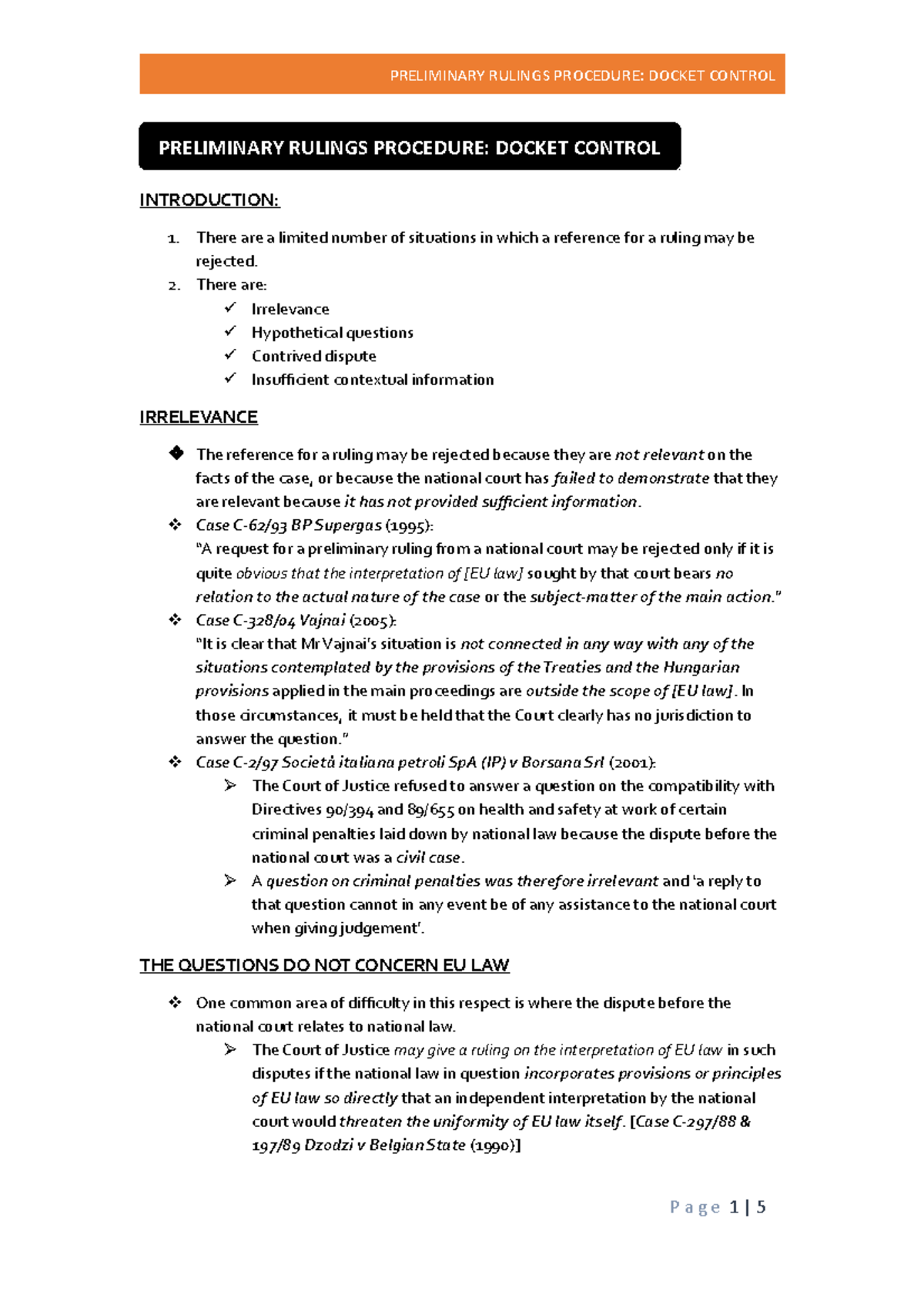Preliminary References Docket Control - PRELIMINARY RULINGS PROCEDURE ...