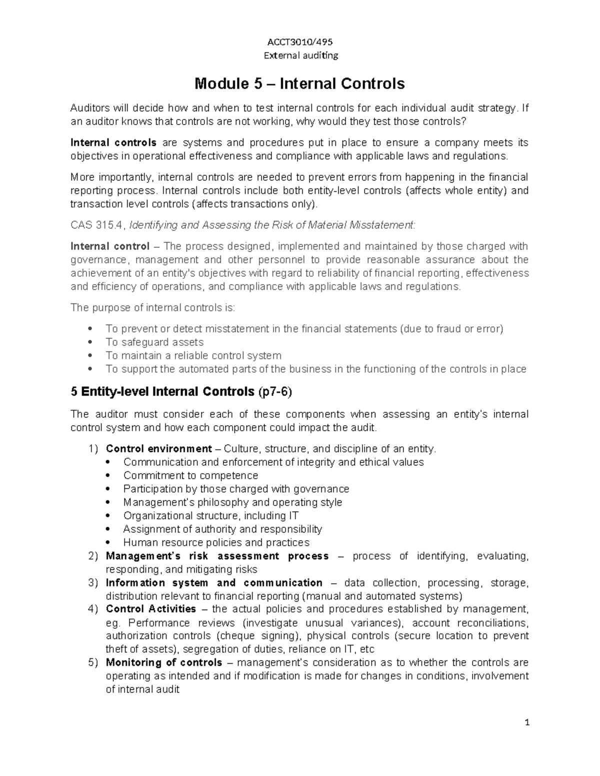 Module 5 External Audit Internal Controls with solutions - External auditing Module 5 – Internal ...