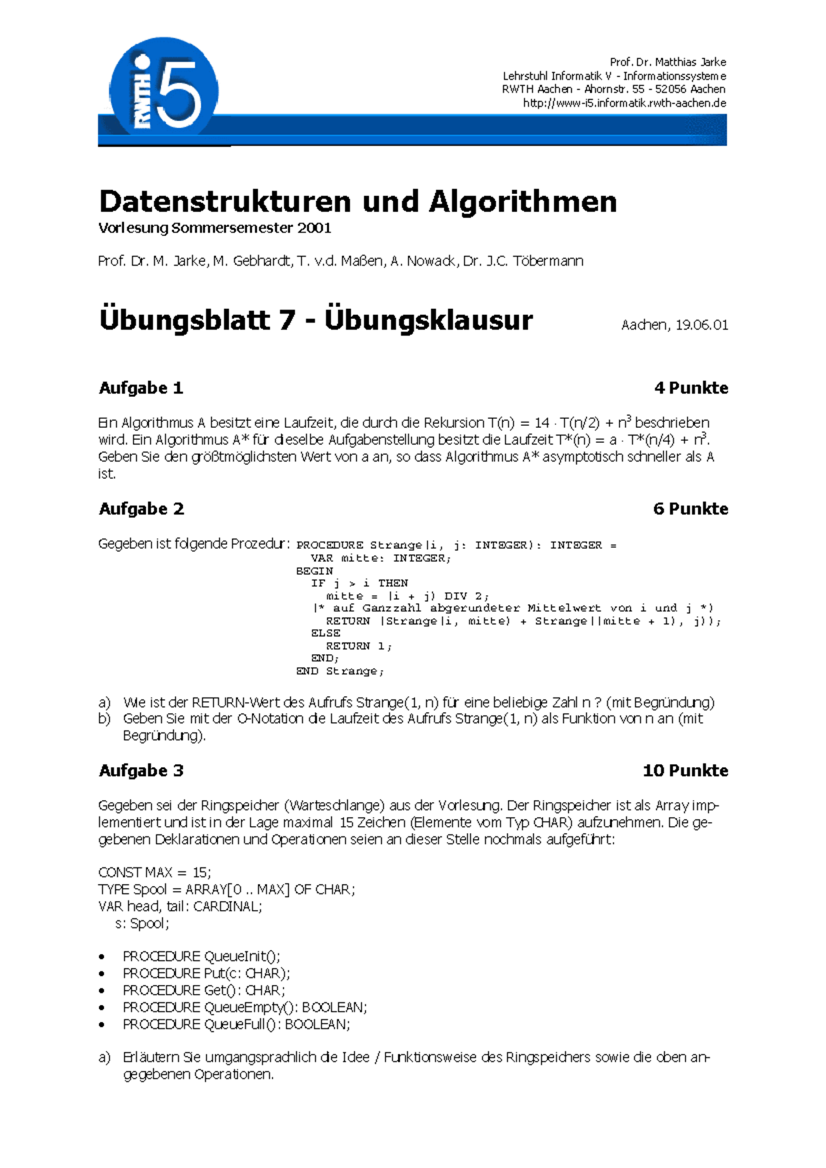 Datenstrukturen und Algorithmen - Klausur - Datenstrukturen und ...