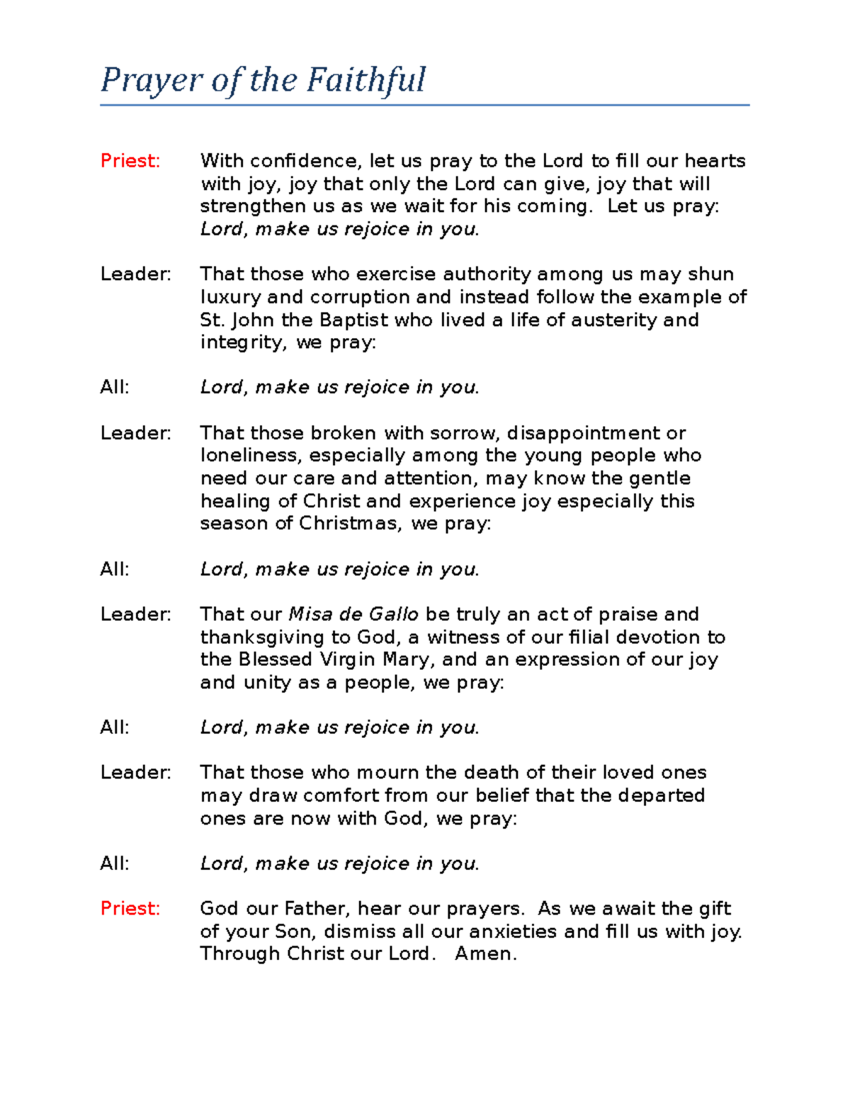 Ad 3A - Prayer of the Faithful - Prayer of the Faithful Priest: With ...