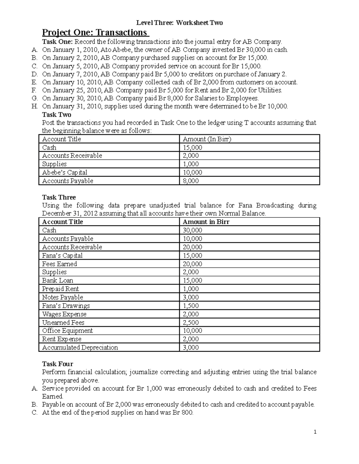 Exam 2 - COC - Level Three: Worksheet Two Project One: Transactions ...
