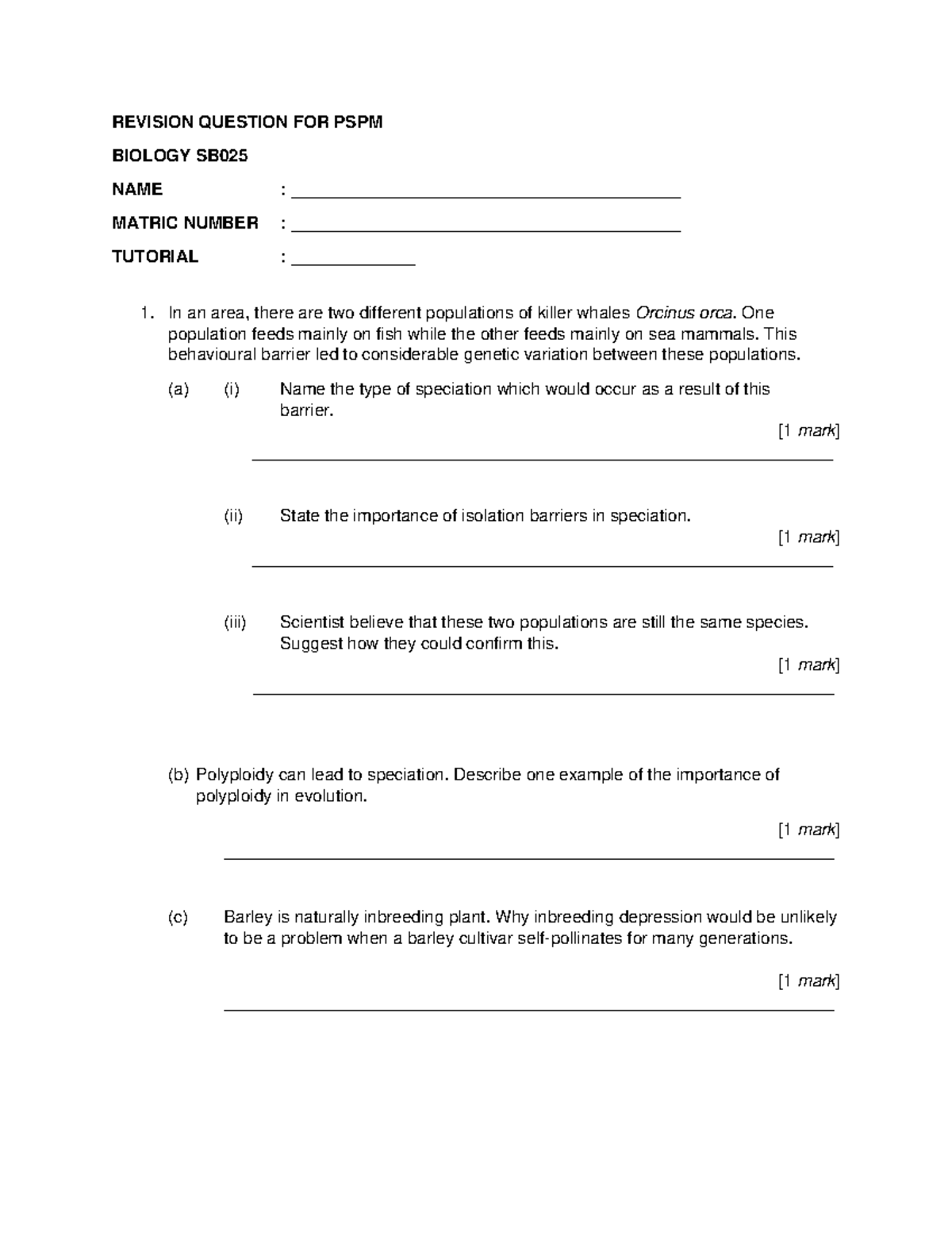 Revision Pspm biology sb025 - REVISION QUESTION FOR PSPM BIOLOGY SB ...