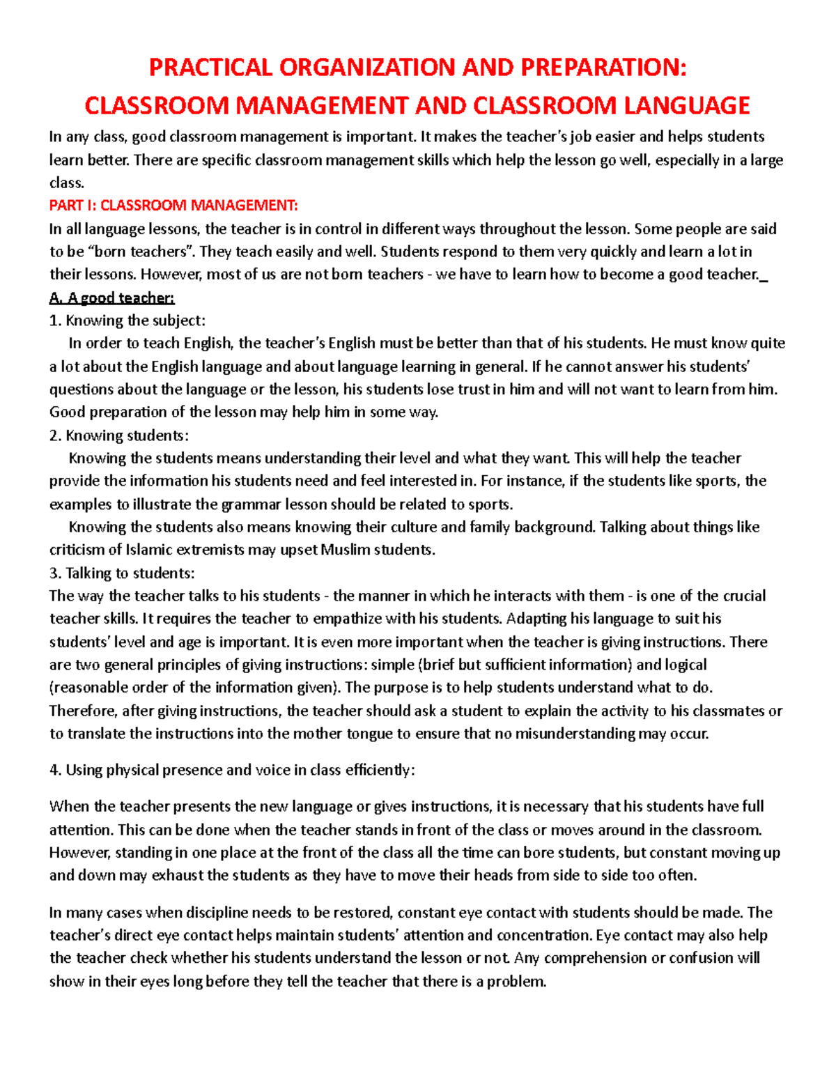 Classroom Management 2 - PRACTICAL ORGANIZATION AND PREPARATION ...