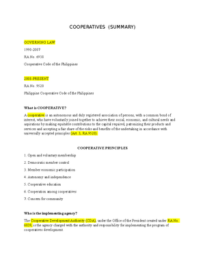 Cooperatives - COOPERATIVES(summary) 1990- RA No. 6938 Cooperative Code ...