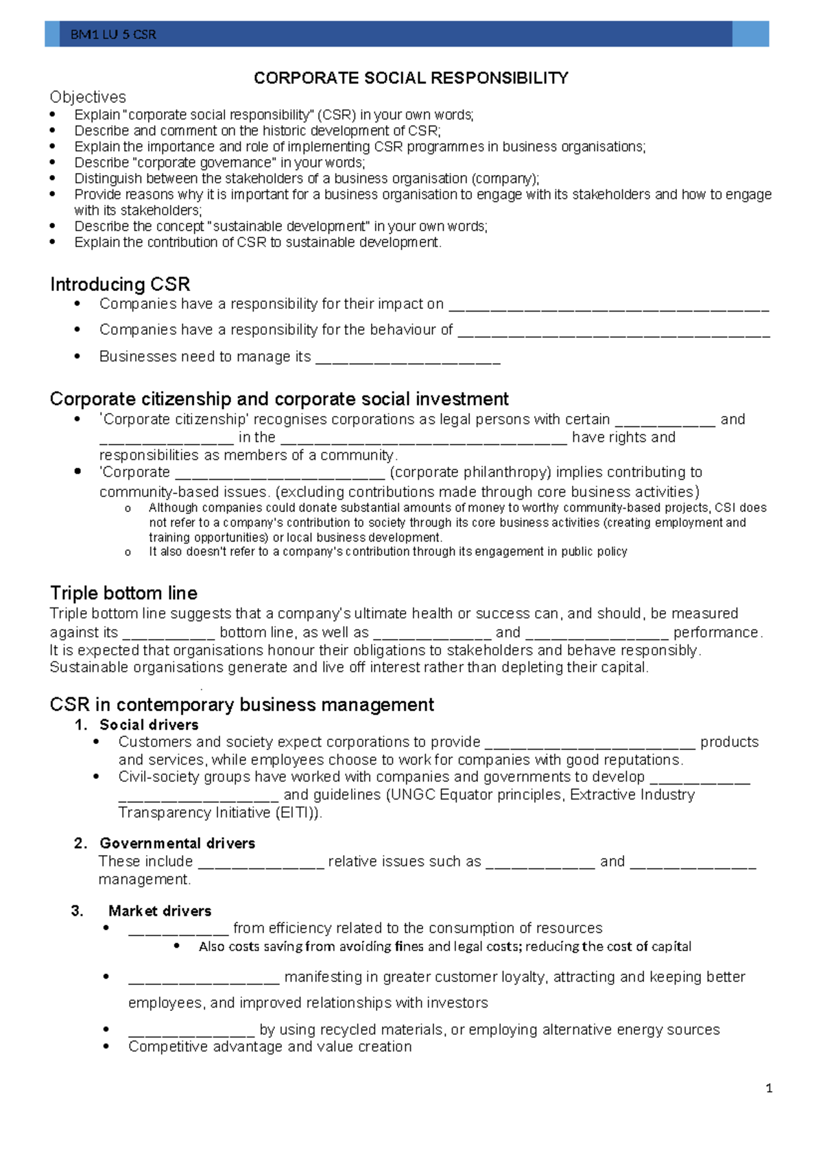 BM1 LU5w - fill in worksheet for learning unit 5 - CORPORATE SOCIAL ...